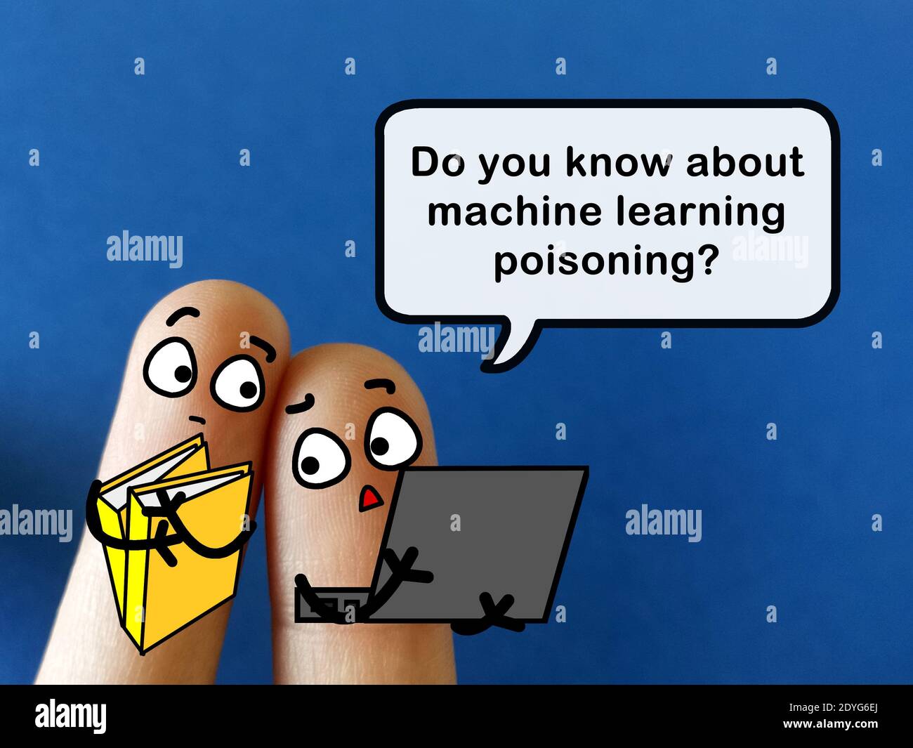 Two fingers are decorated as two person. They are discussing about ...