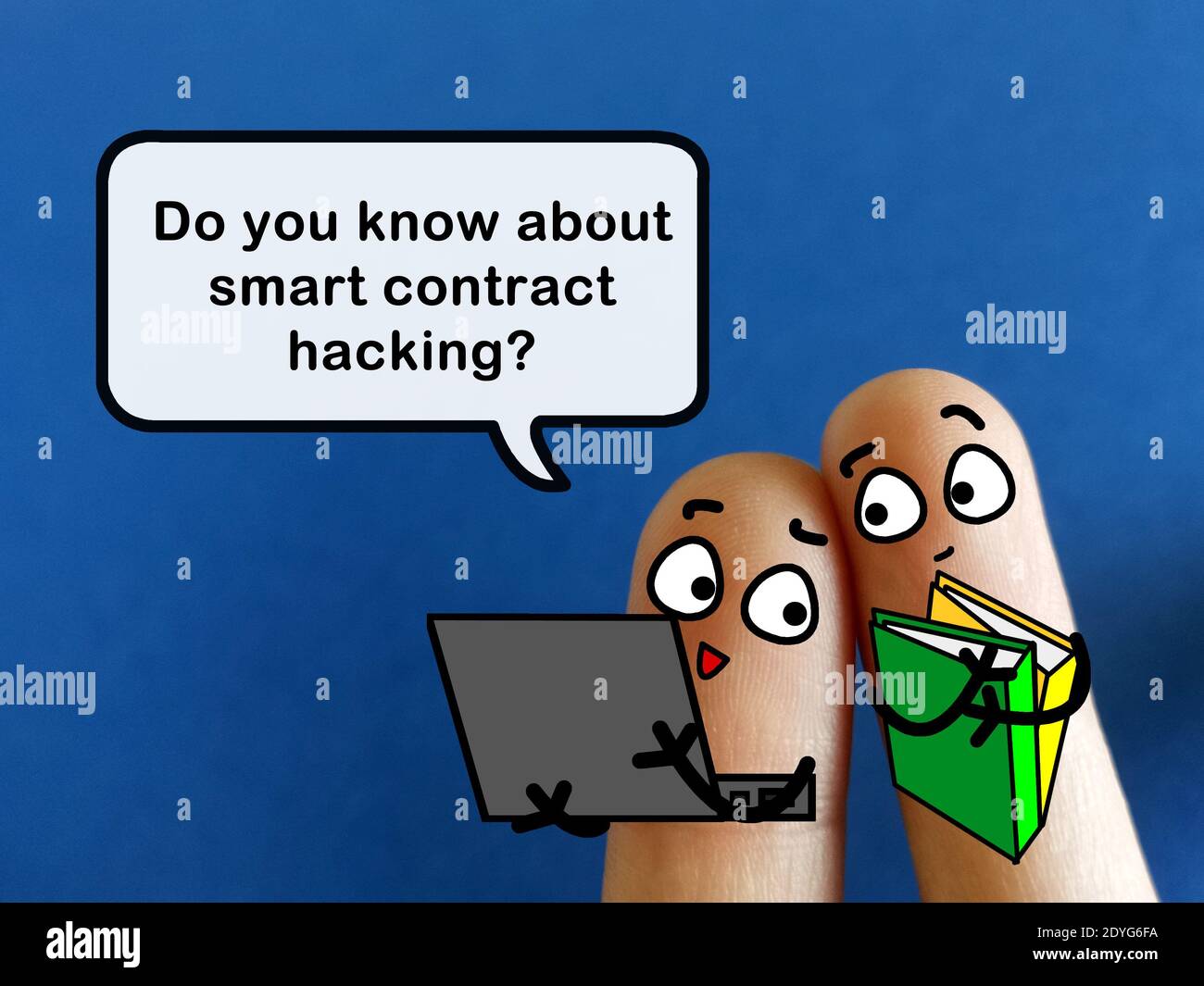 Two fingers are decorated as two person. They are discussing about ...