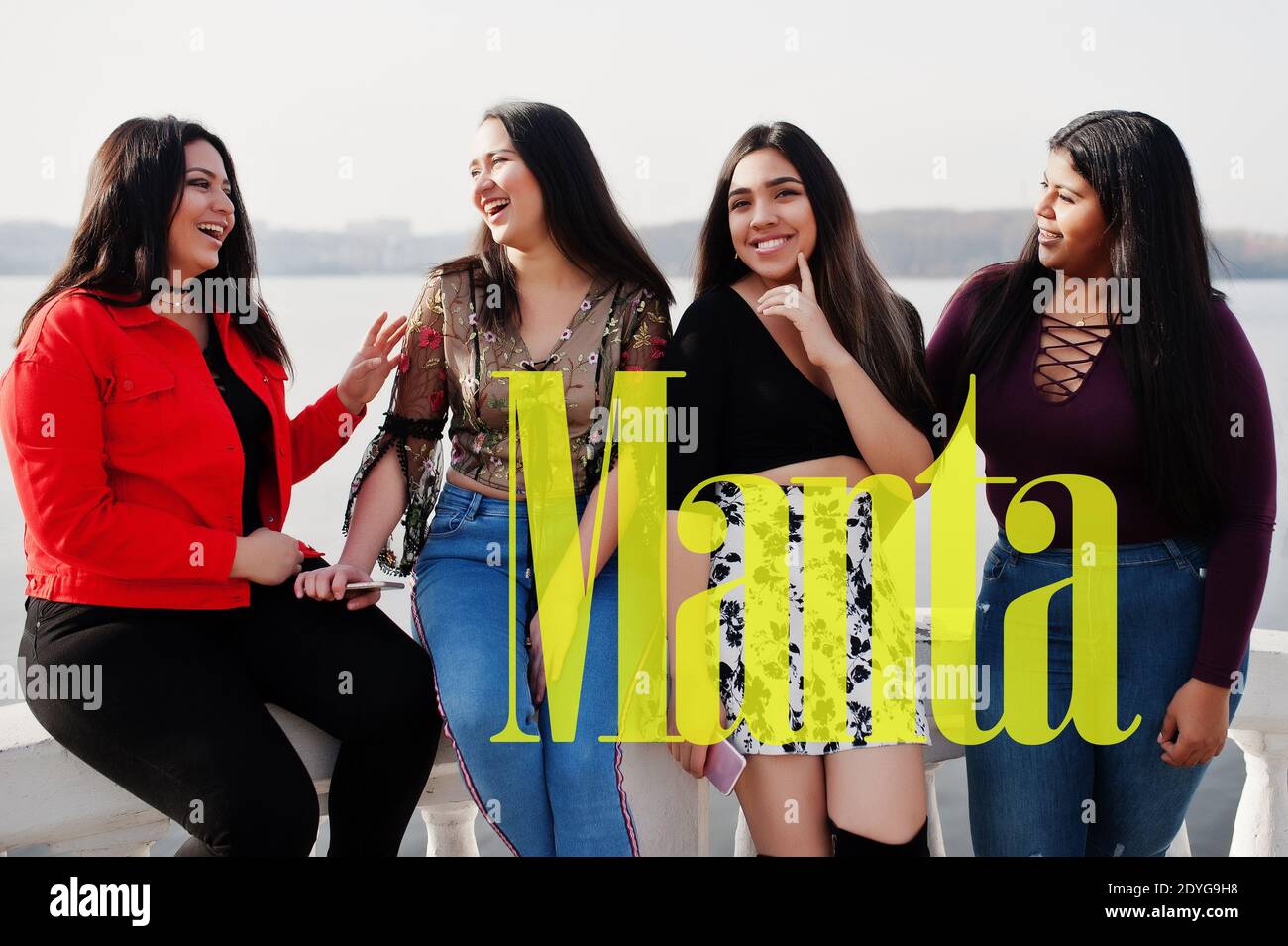 Manta city. Group of four happy and pretty latino girls from Ecuador ...