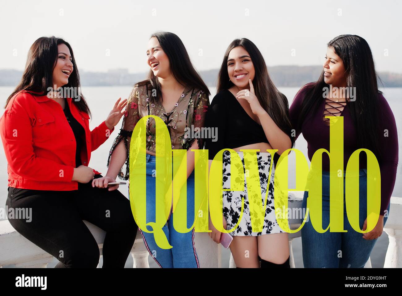 Quevedo city. Group of four happy and pretty latino girls from Ecuador ...