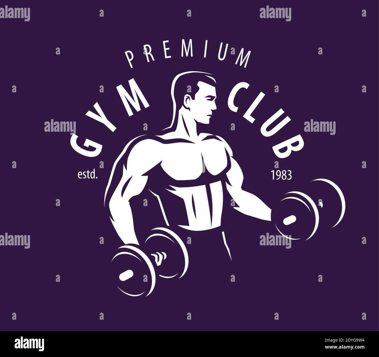Gym club. Bodybuilder strong muscular man pumping up biceps muscles ...