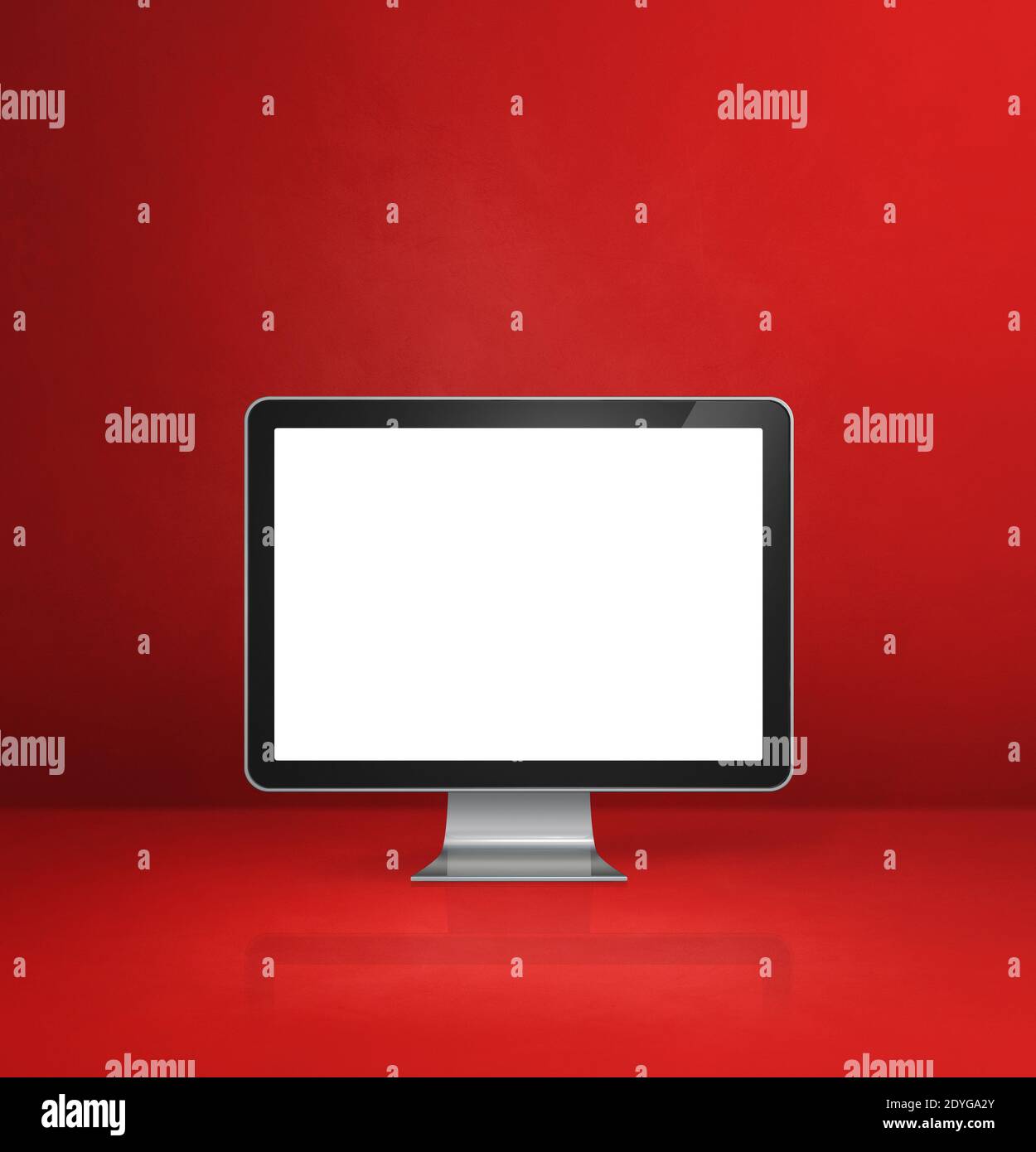 Computer pc - red office desk background. 3D Illustration Stock Photo ...