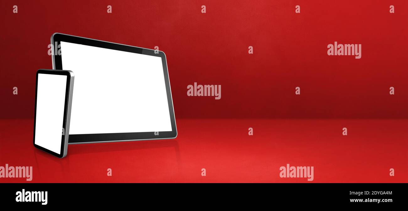 Mobile phone and digital tablet pc on red office desk. Horizontal ...
