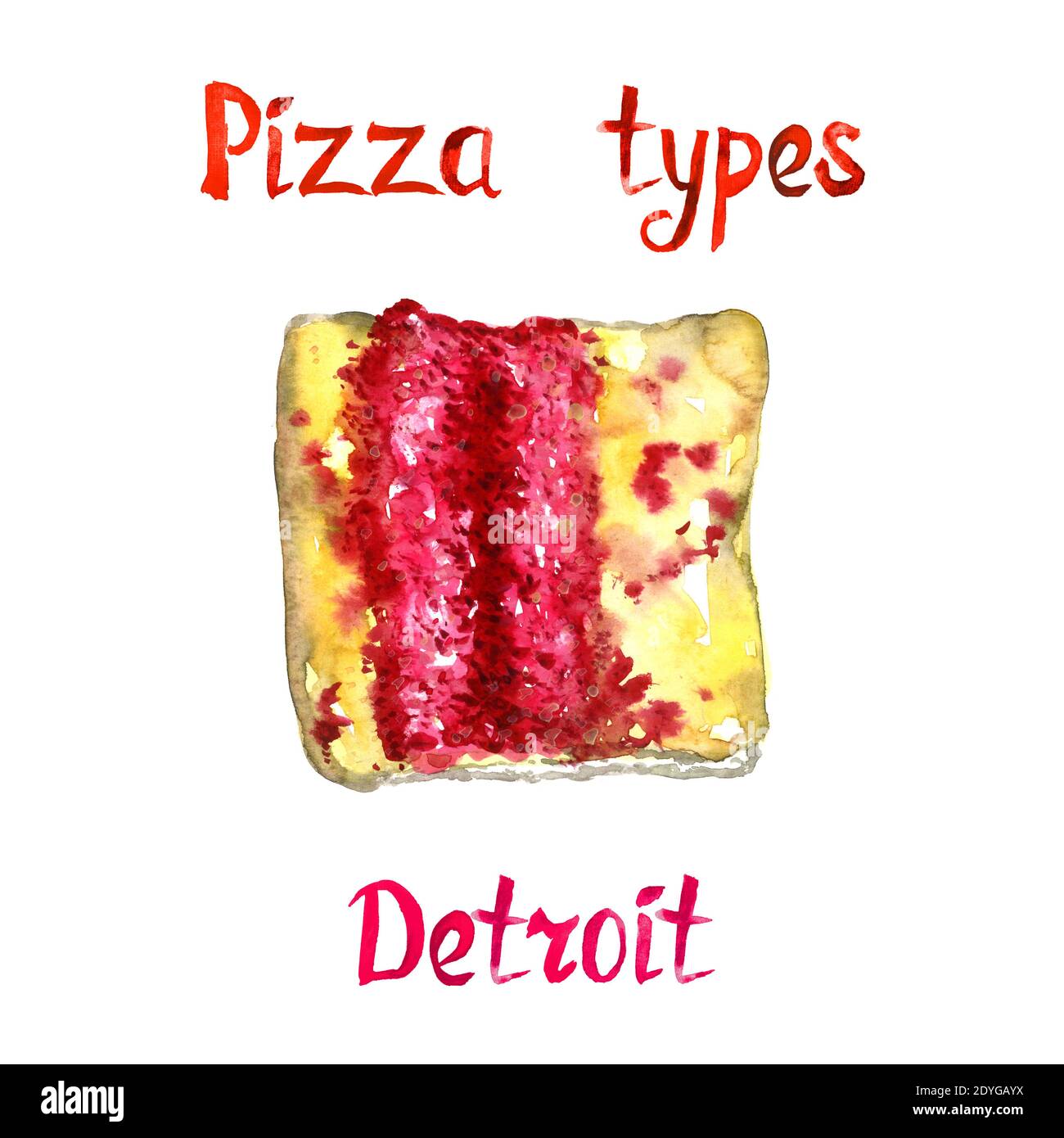 Pizza types, Detroit isolated on white hand painted watercolor ...