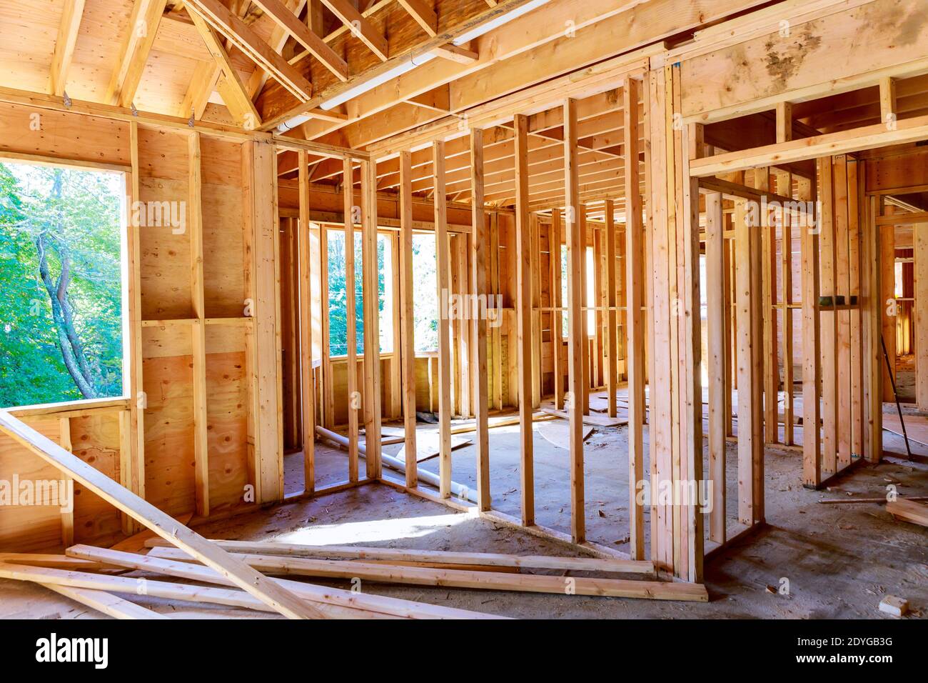 Residential beam framework wooden new house on construction home ...