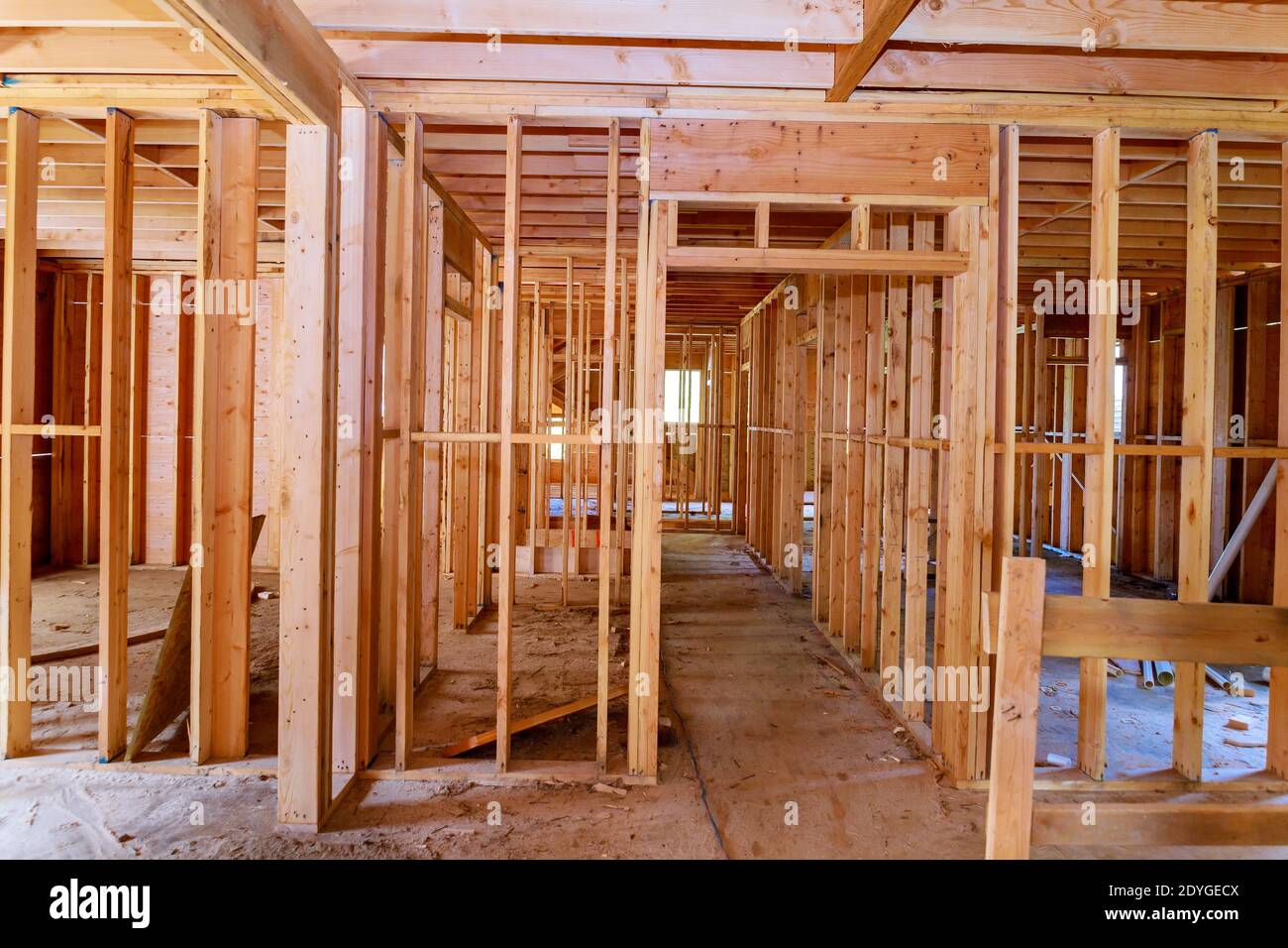 Wooden house in beams the view of interior building frame structure on ...