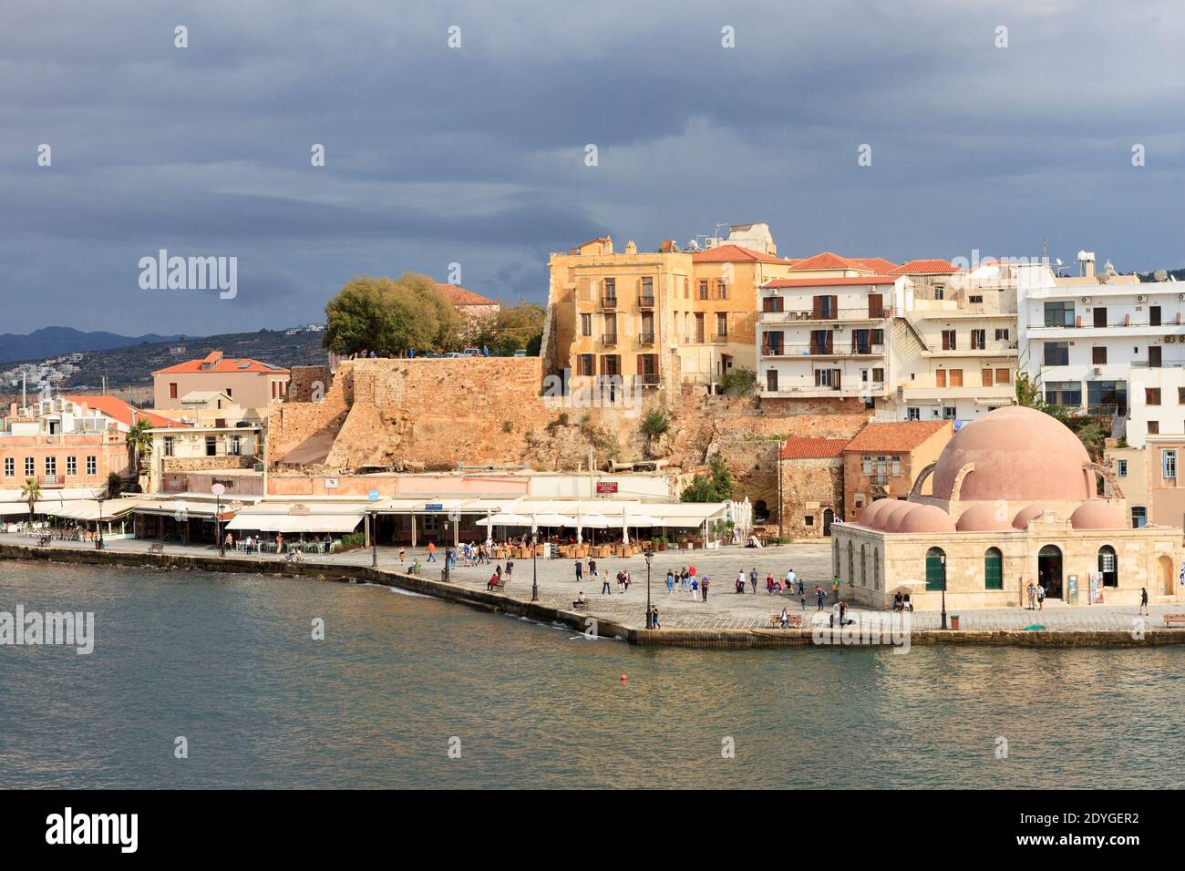 Beautiful town of Chania and its old port with the old mosque at the ...
