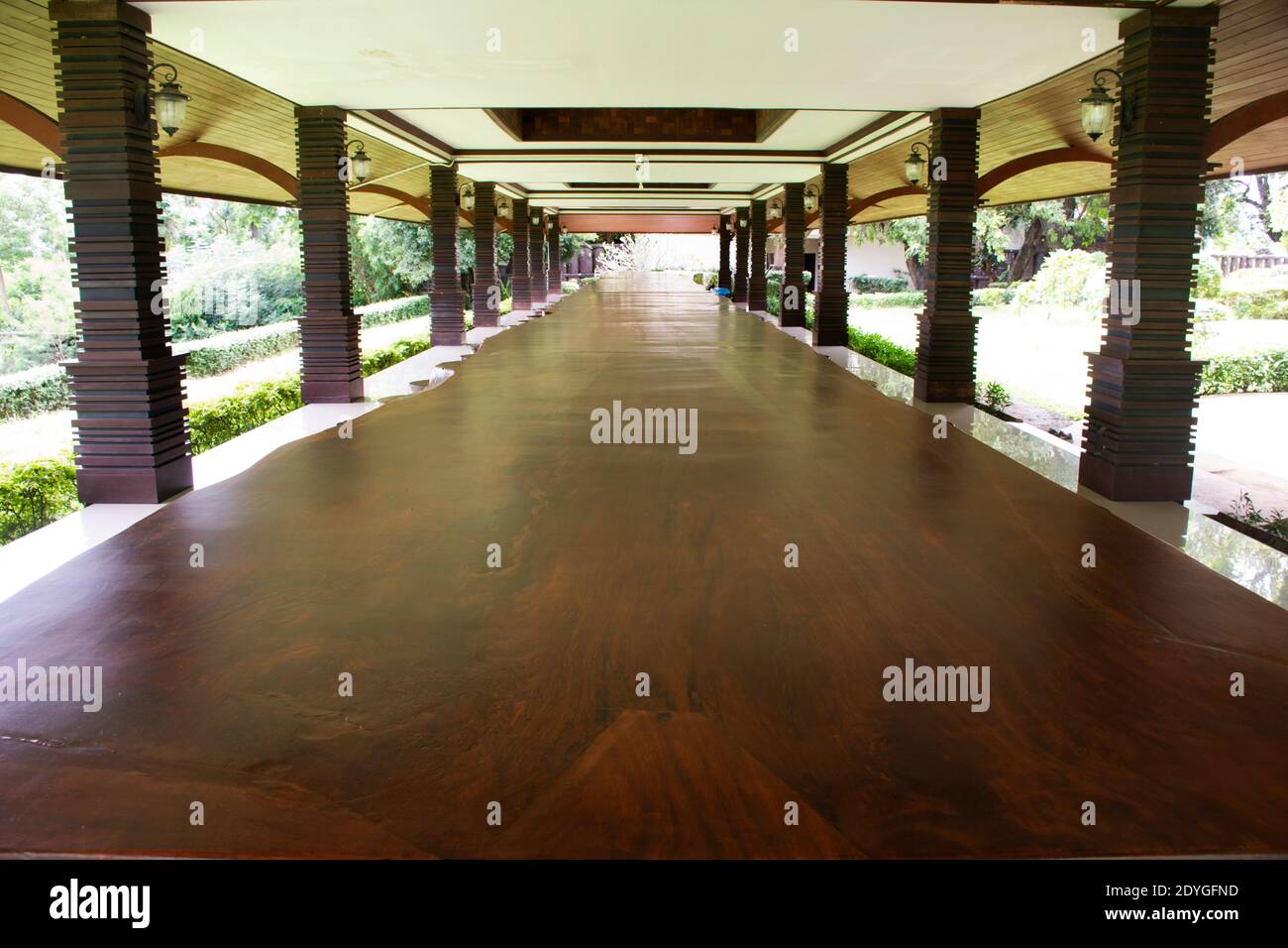 Big and long teak wooden table for thai people and foreign travelers ...