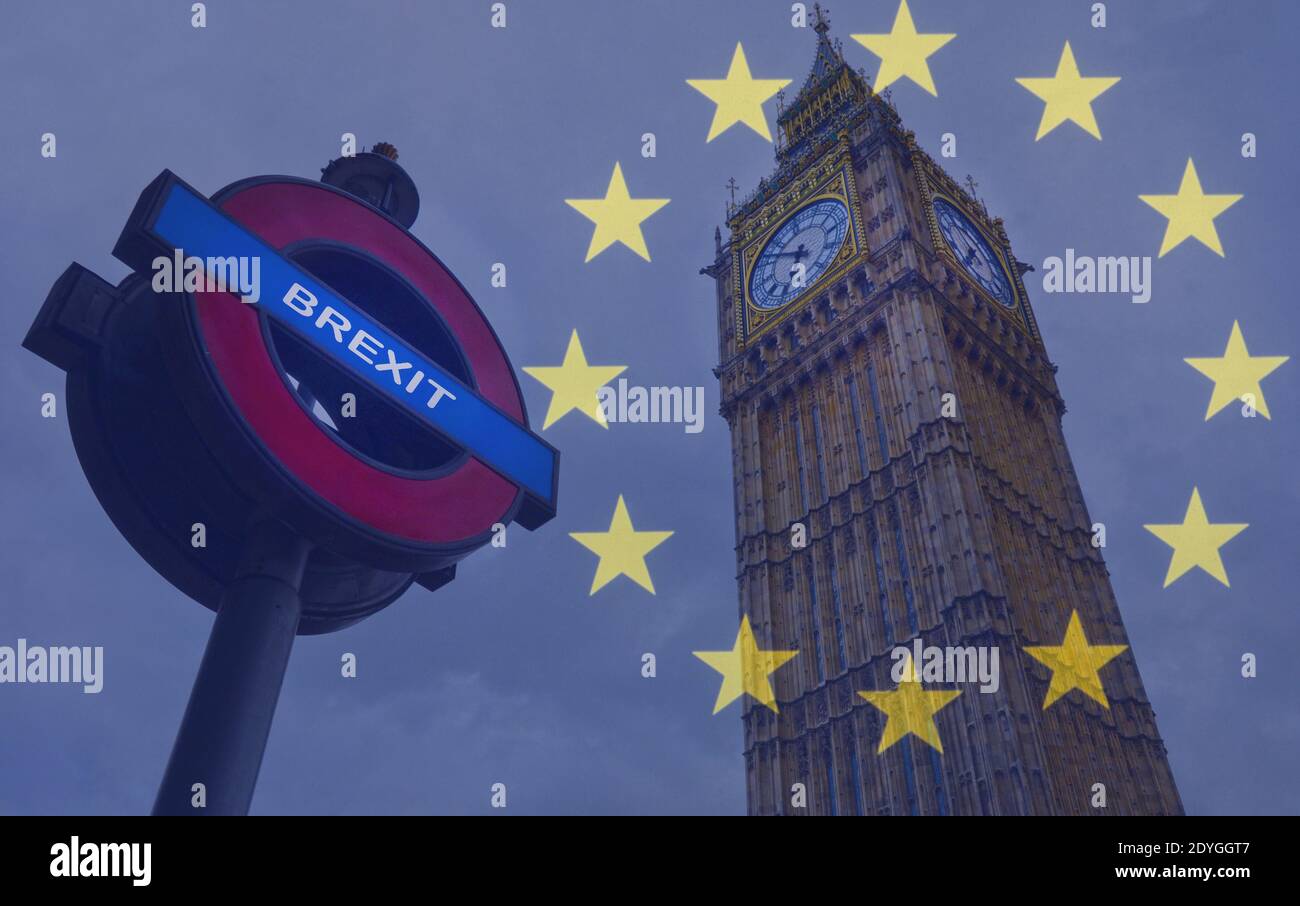 BREXIT conceptual image with flag of European Union over a image of ...