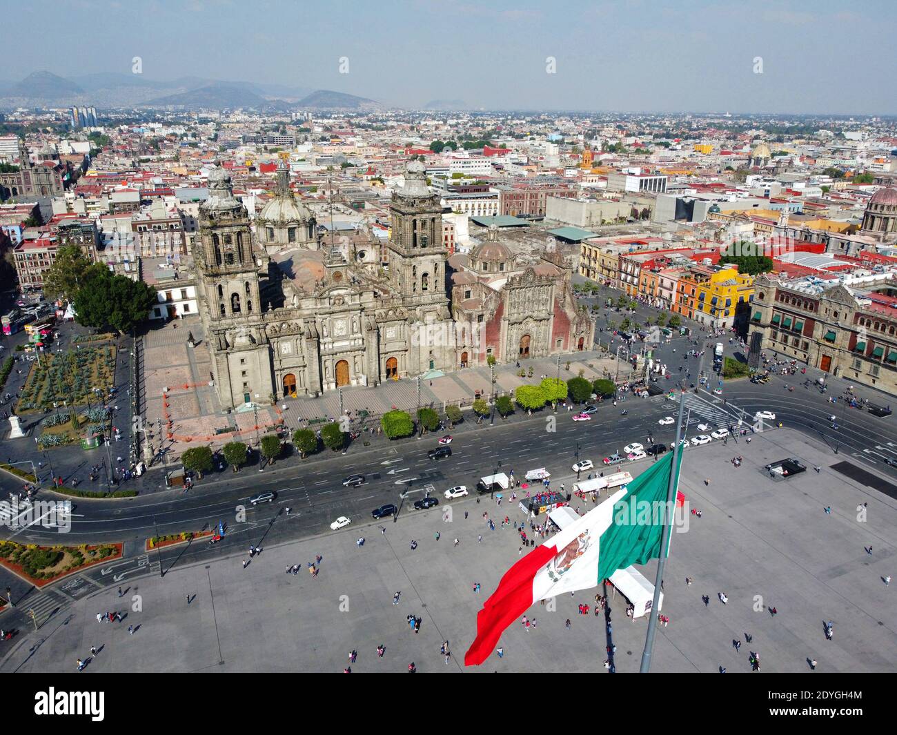 Mexico National Flag on Zocalo Constitution Square and Metropolitan ...