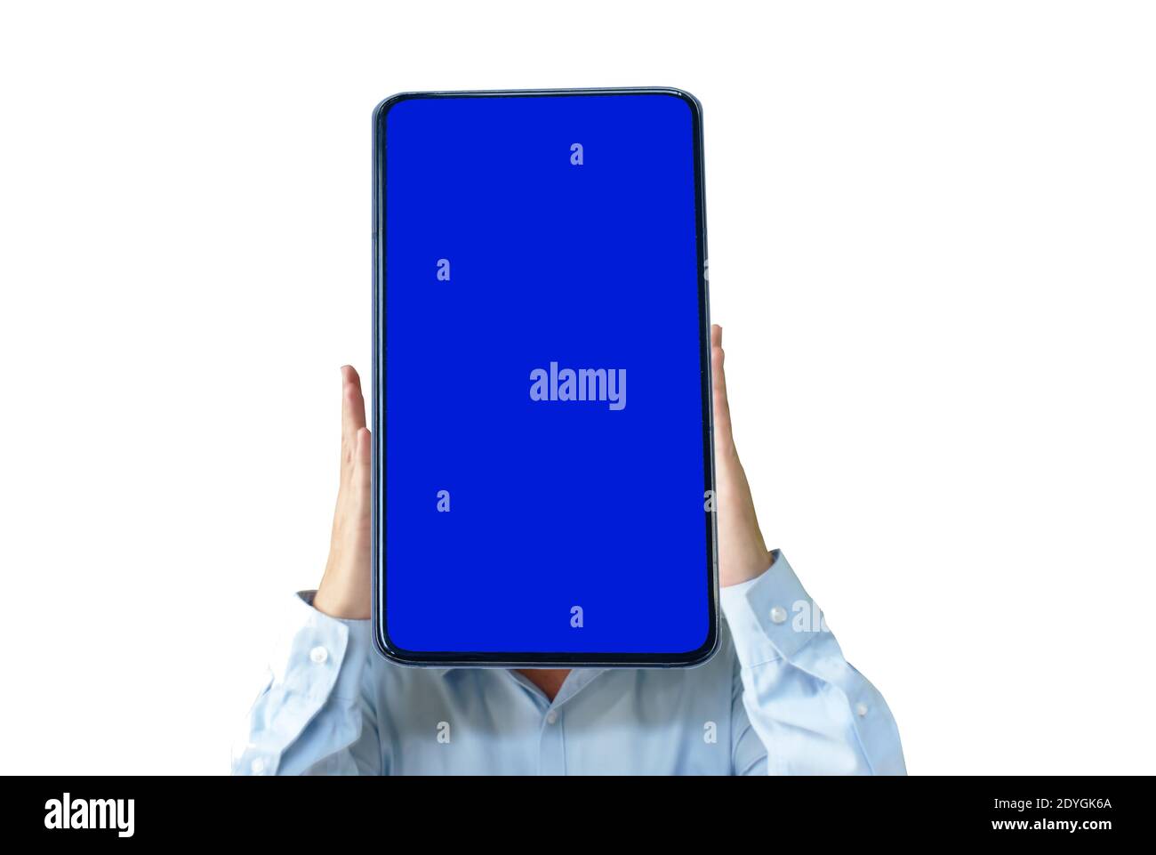 smart phone with blue screen on human head in white background Stock ...