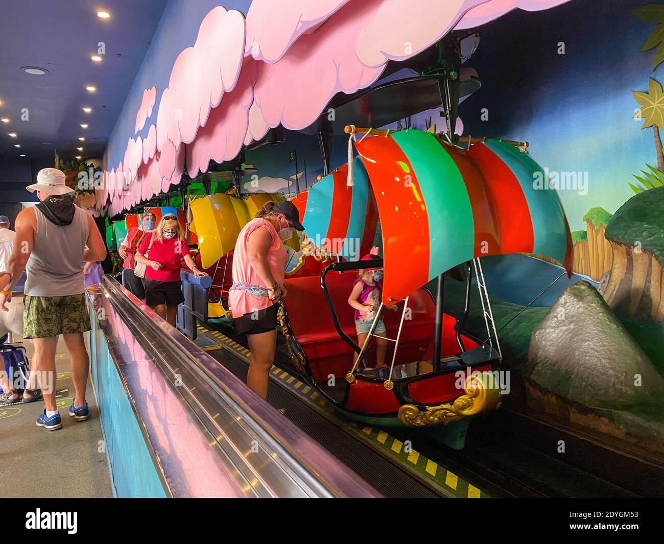 Orlando, FL USA - July 25, 2020: People getting on the Peter Pan ride ...