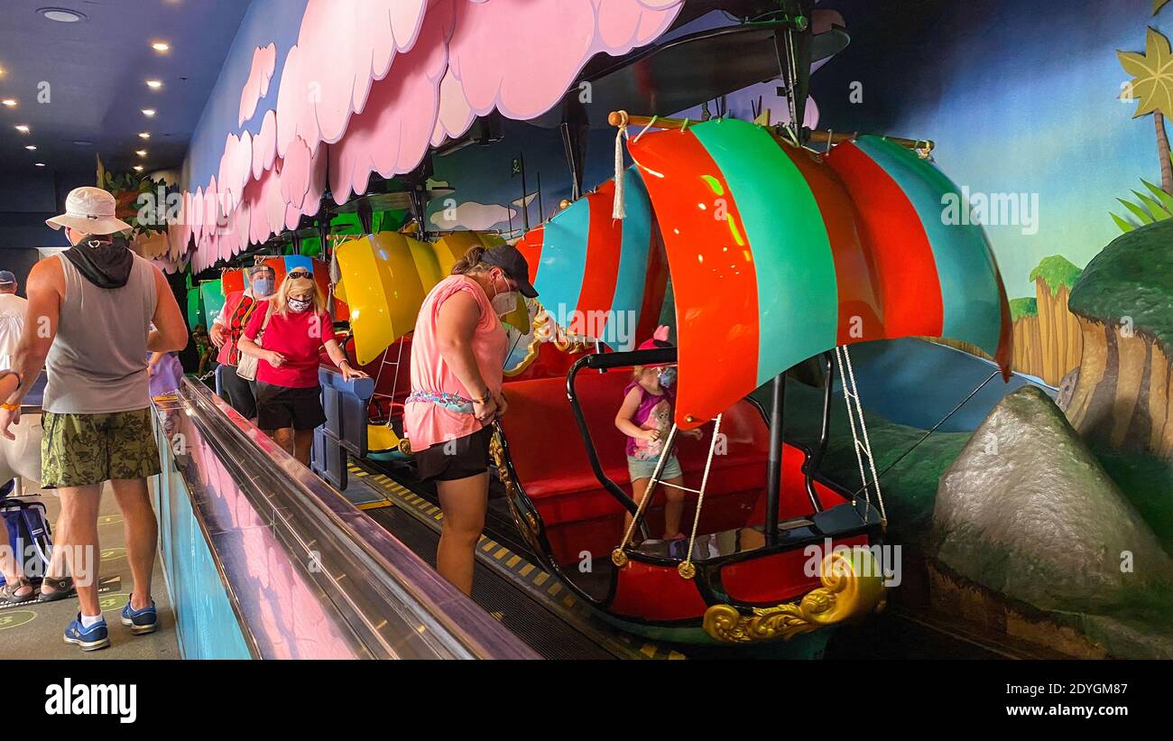 Orlando, FL USA - July 25, 2020: People getting on the Peter Pan ride ...