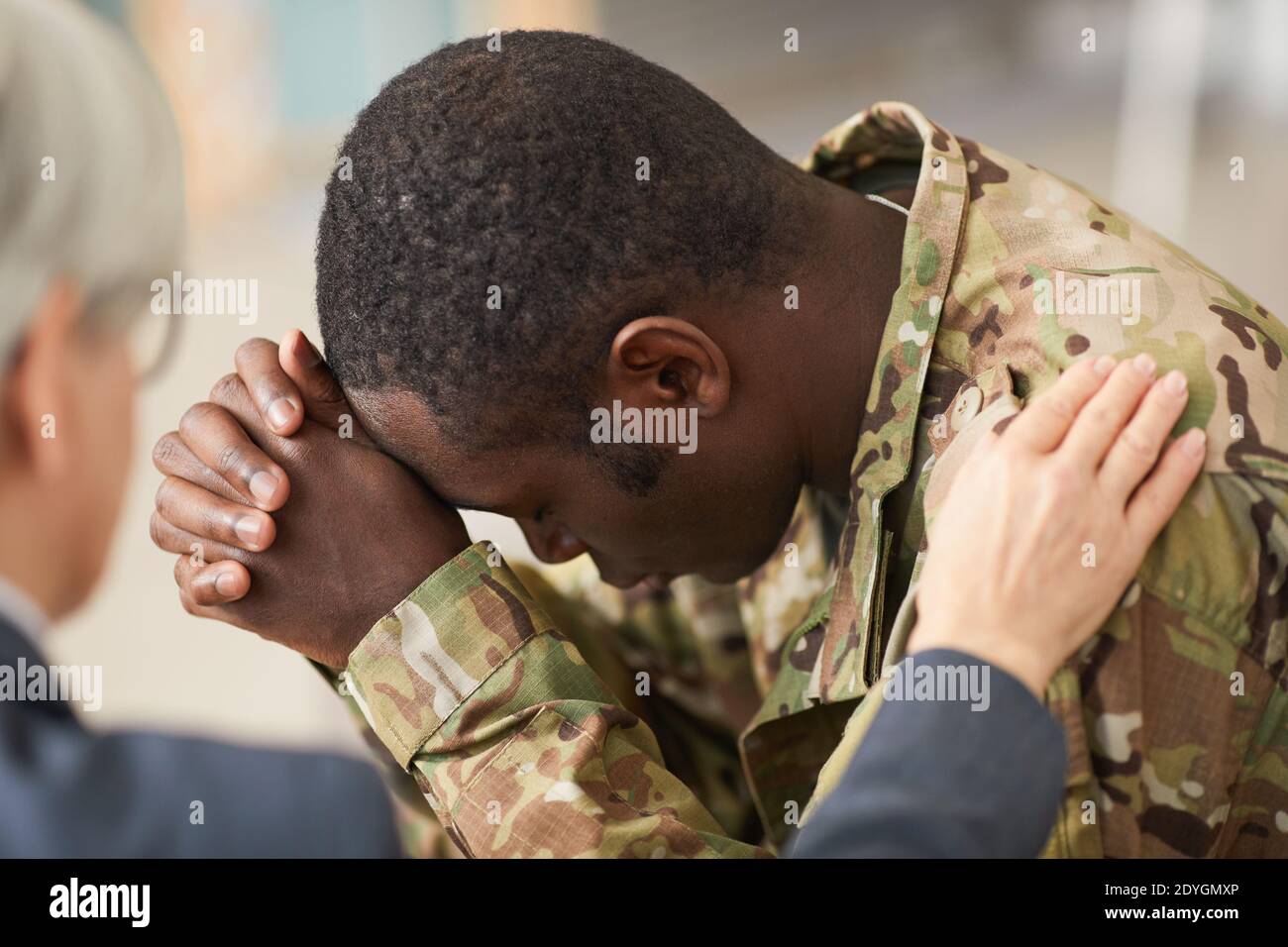 Despaired military man has a depression while vising his ...