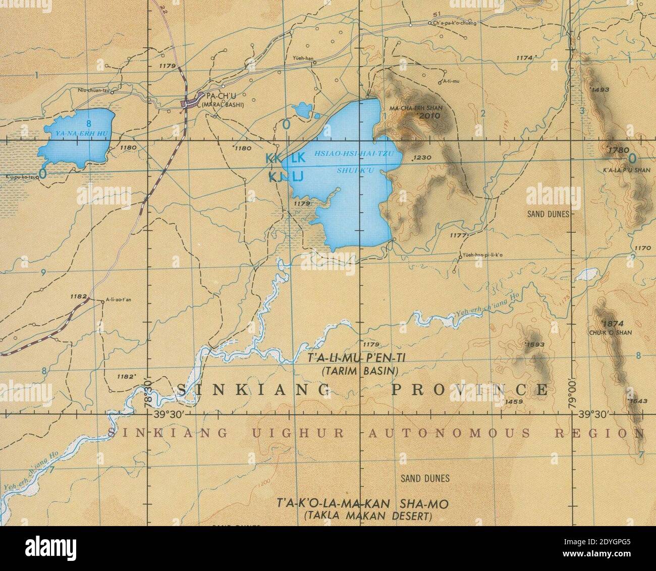 Lakes of the Xinjiang Uighur Autonomous Region in 1973 map detail, from ...