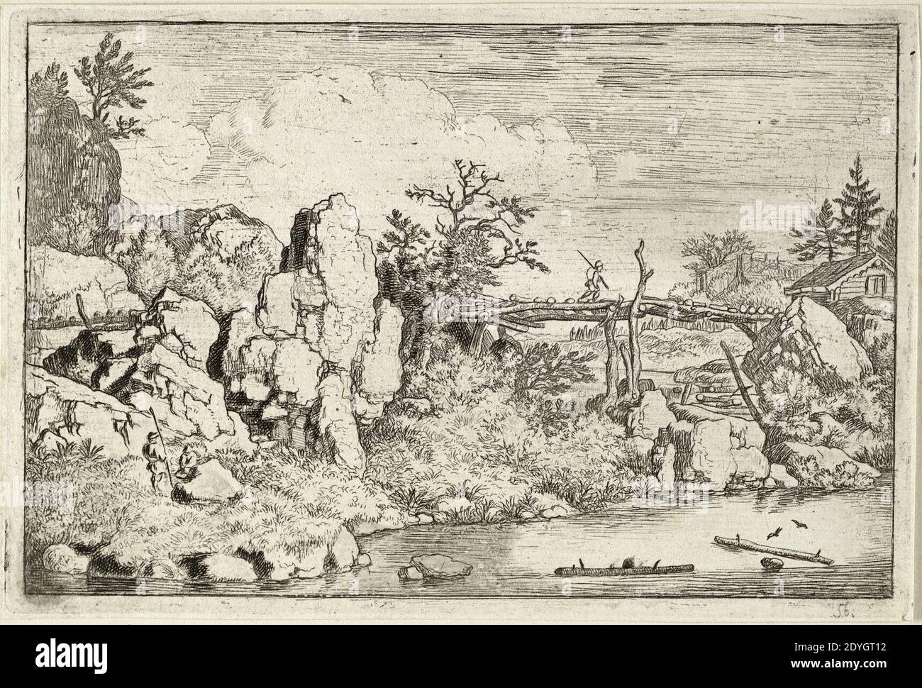 Landschap met rotsen en een rivier op de voorgrond waar twee ...