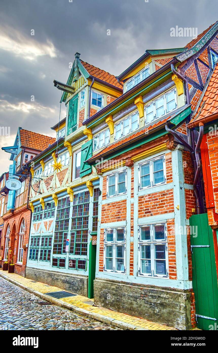 Lauenburg, Germany - April 23, 2016: Historical cobblestone alley with ...