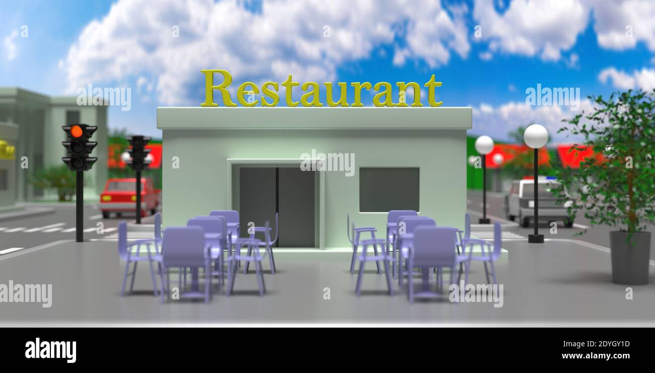 Cartoon street restaurant downtown concept. Isometric, outdoor closed ...