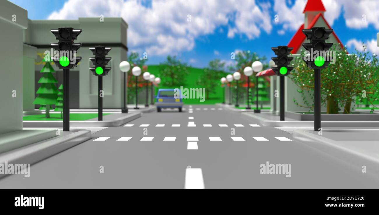 Cartoon green traffic lights downtown concept. Isometric, illuminated ...
