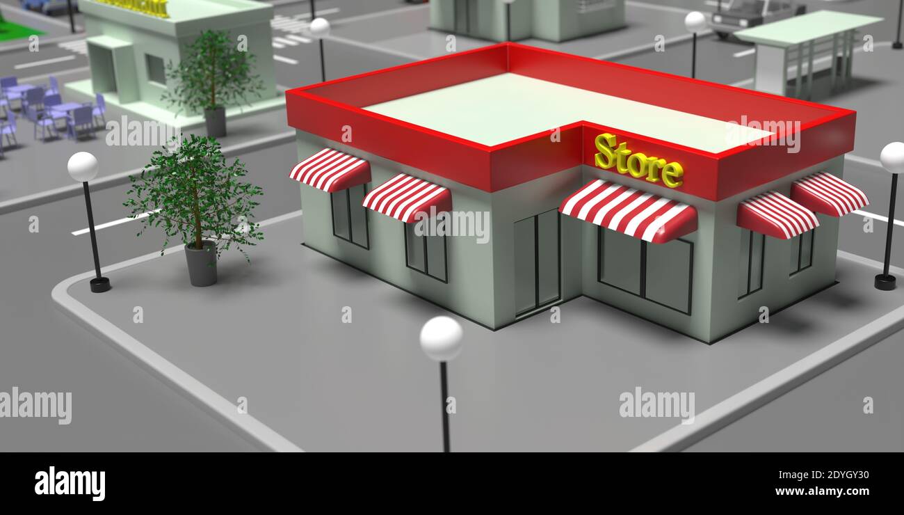 Cartoon store downtown concept. Isometric, facade building with awning ...