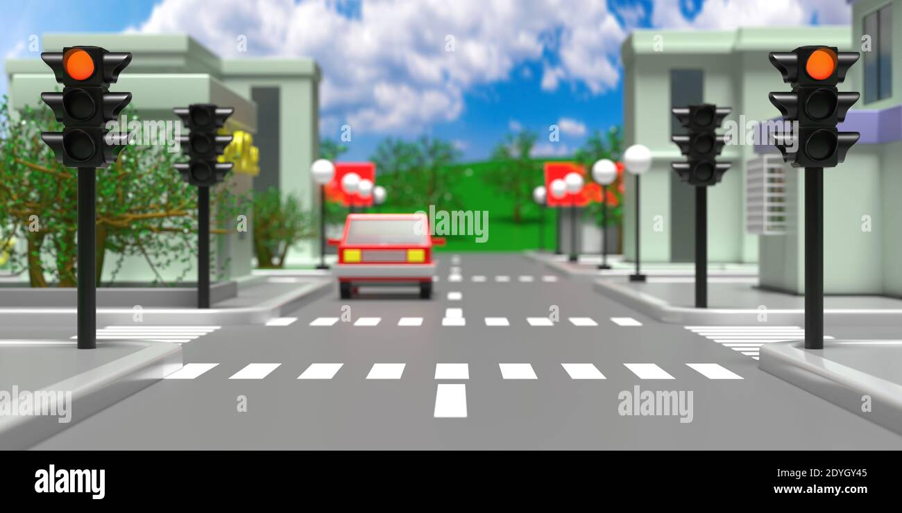 Cartoon red traffic lights downtown concept. Isometric, illuminated ...