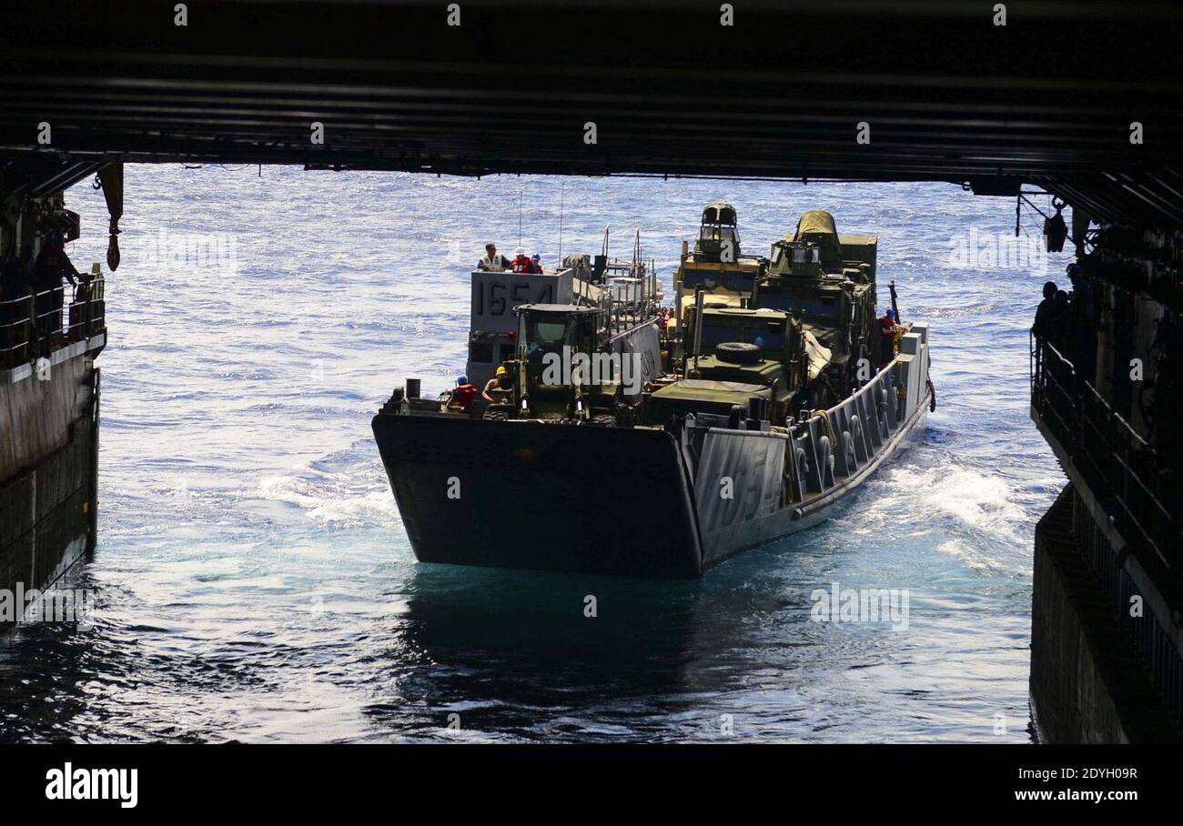 LCU-1654 departs well deck of USS Whidbey Island (LSD-41) 160717 Stock ...