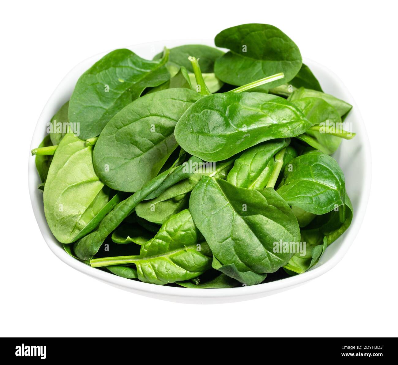 fresh leaves of Spinach leafy vegetable in white bowl cut out on white ...