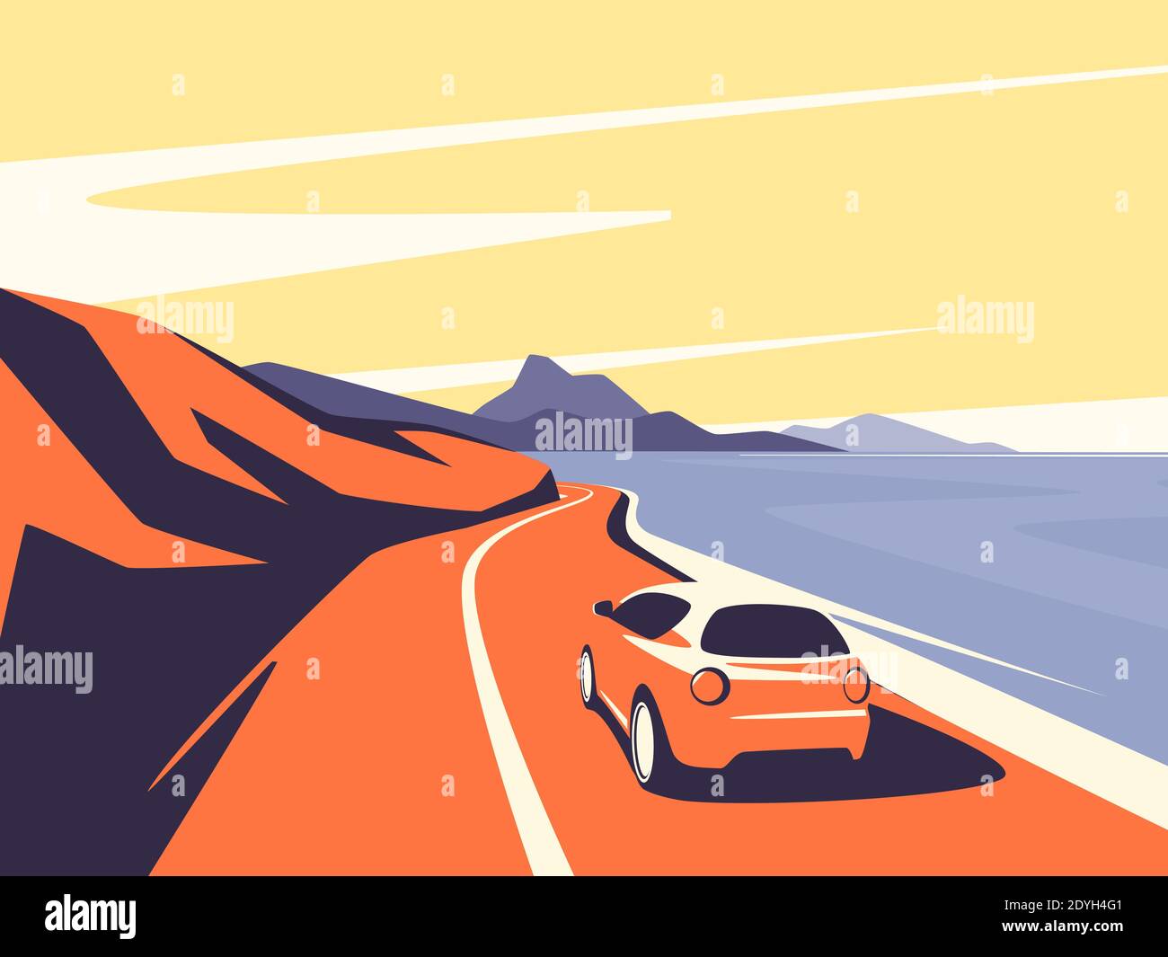 Vector illustration of a red car moving along the ocean mountain road ...