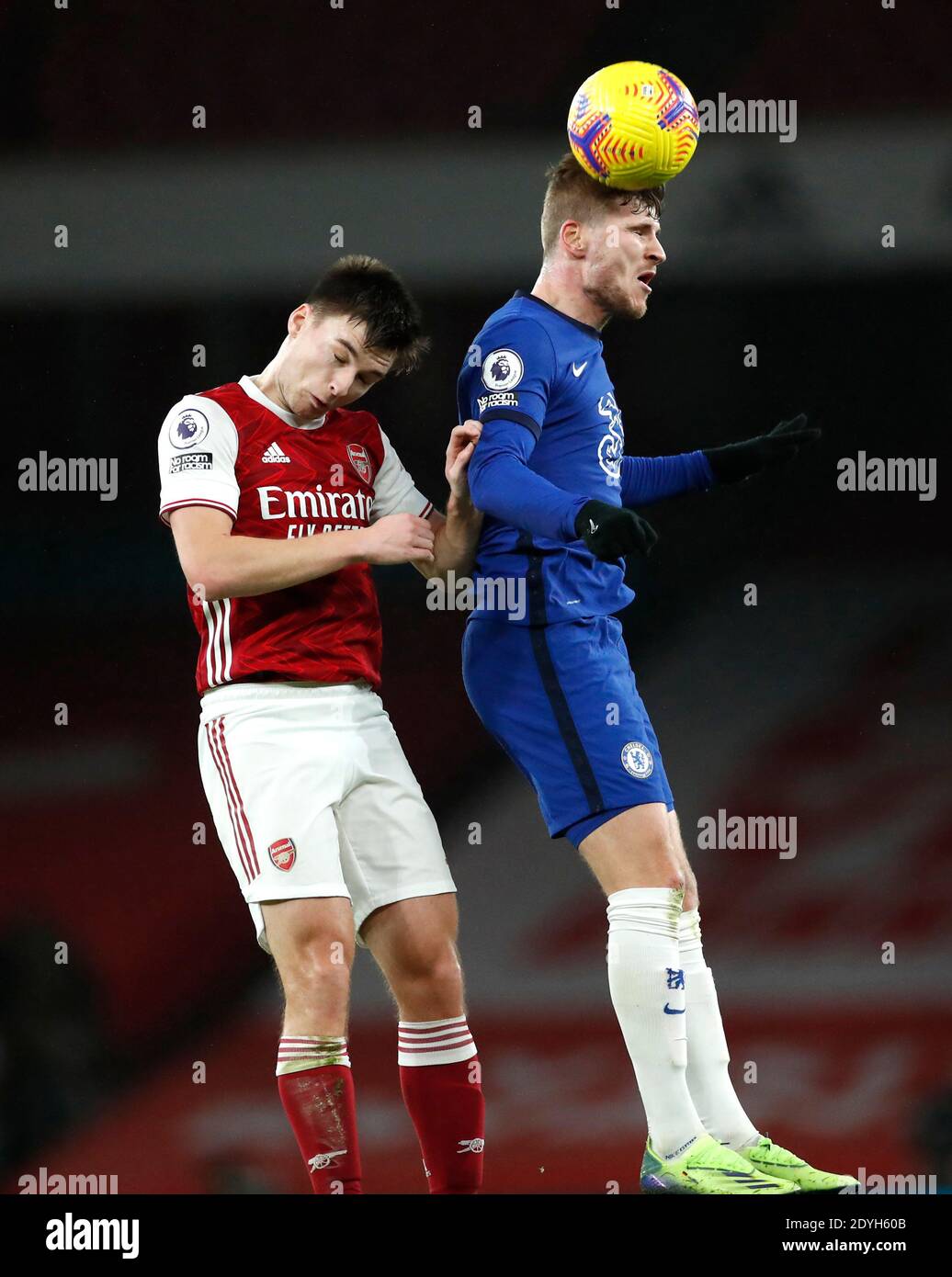 Chelsea's Timo Werner (right) and Arsenal's Kieran Tierney battle for ...