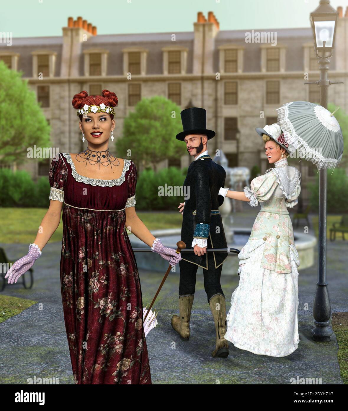 Victorian disloyal man with girlfriend looking at other woman and his ...