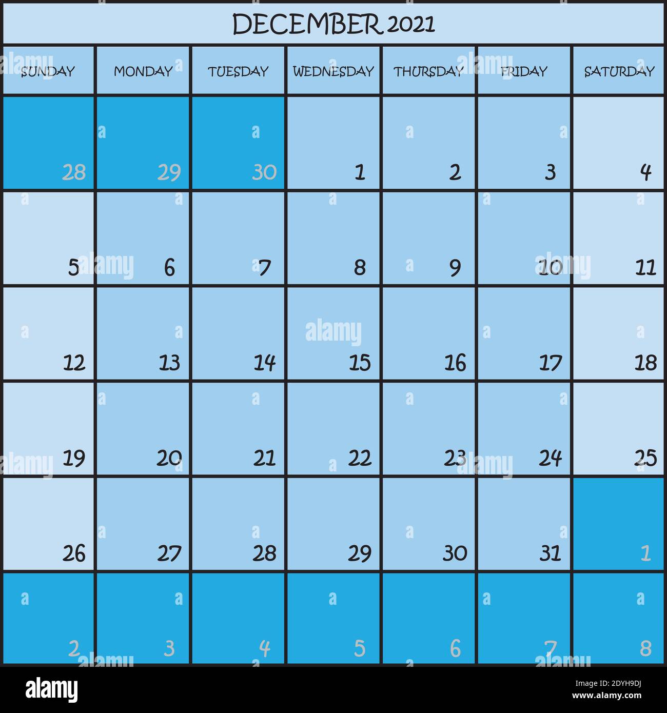 CALENDAR PLANNER MONTH DECEMBRE 2021 ON THREE SHADES OF BLUE COLOR ...
