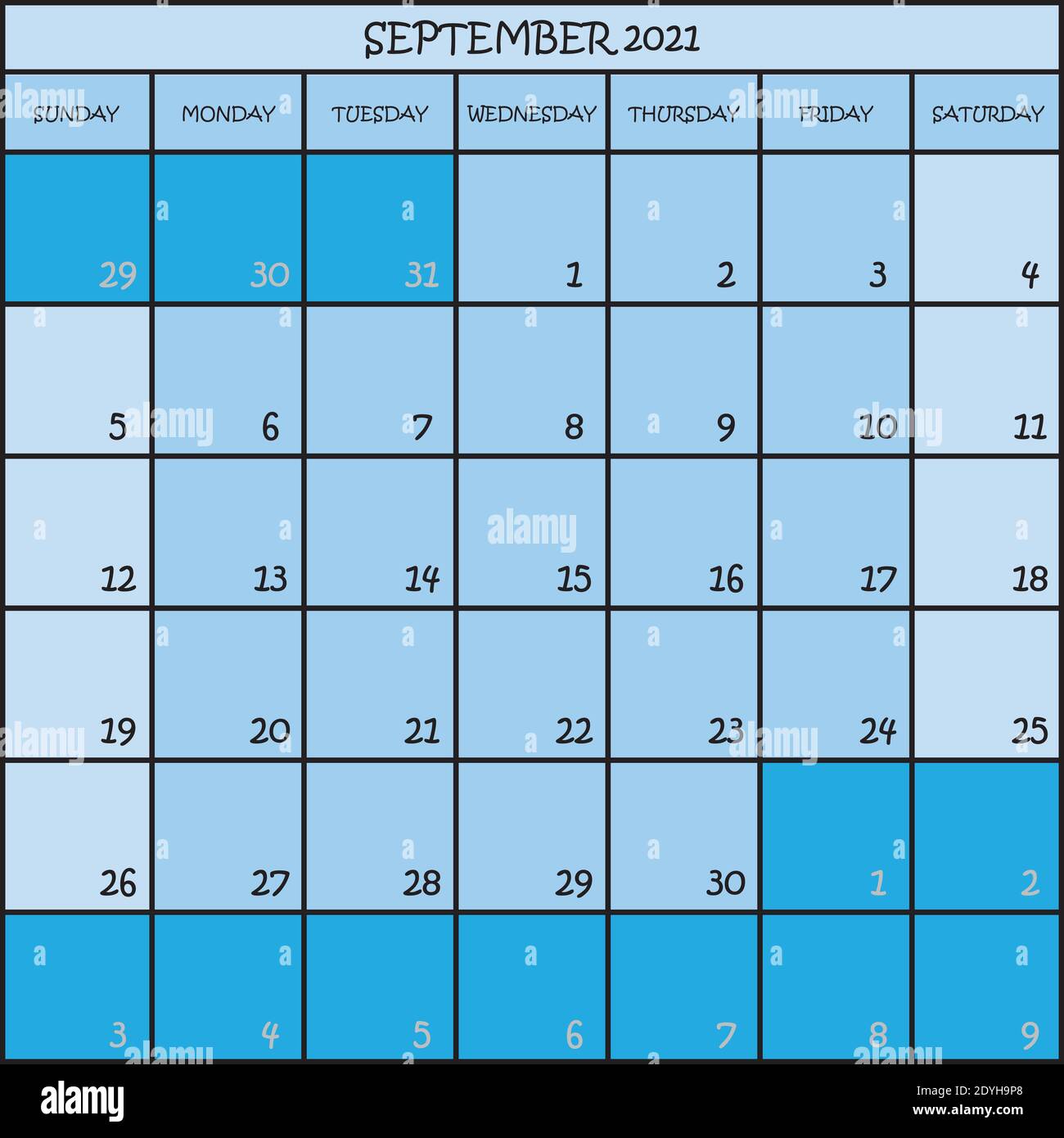 CALENDAR PLANNER MONTH SEPTEMBER 2021 ON THREE SHADES OF BLUE COLOR ...