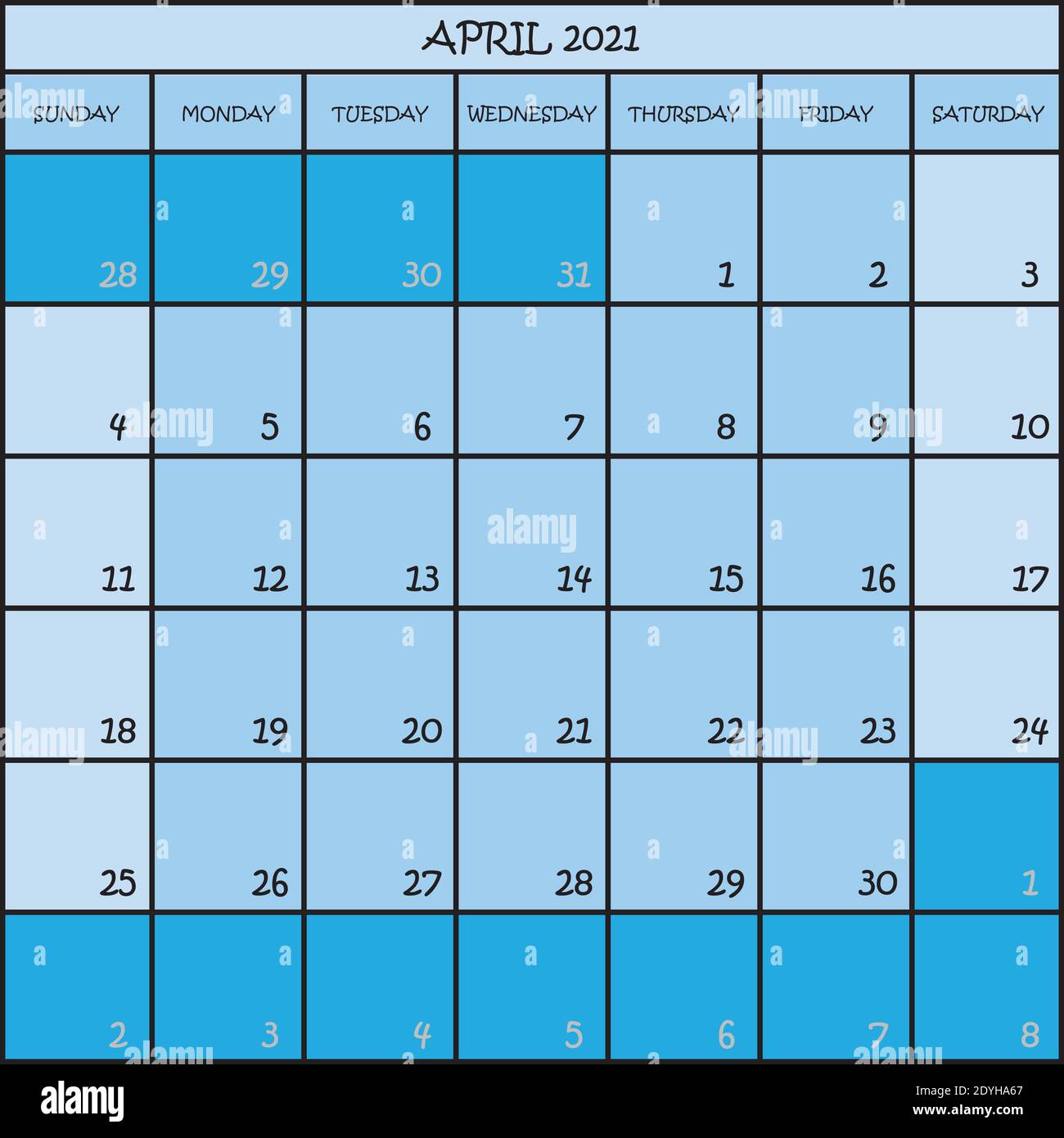 CALENDAR PLANNER MONTH APRIL 2021 ON THREE SHADES OF BLUE COLOR ...