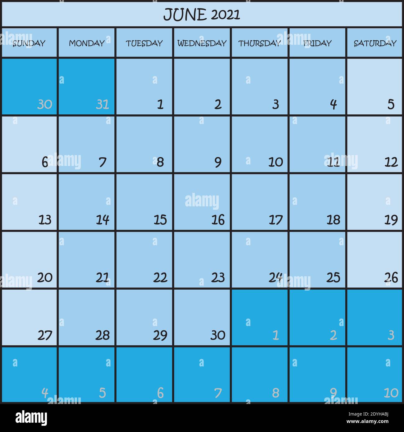 CALENDAR PLANNER MONTH JUNE 2021 ON THREE SHADES OF BLUE COLOR ...