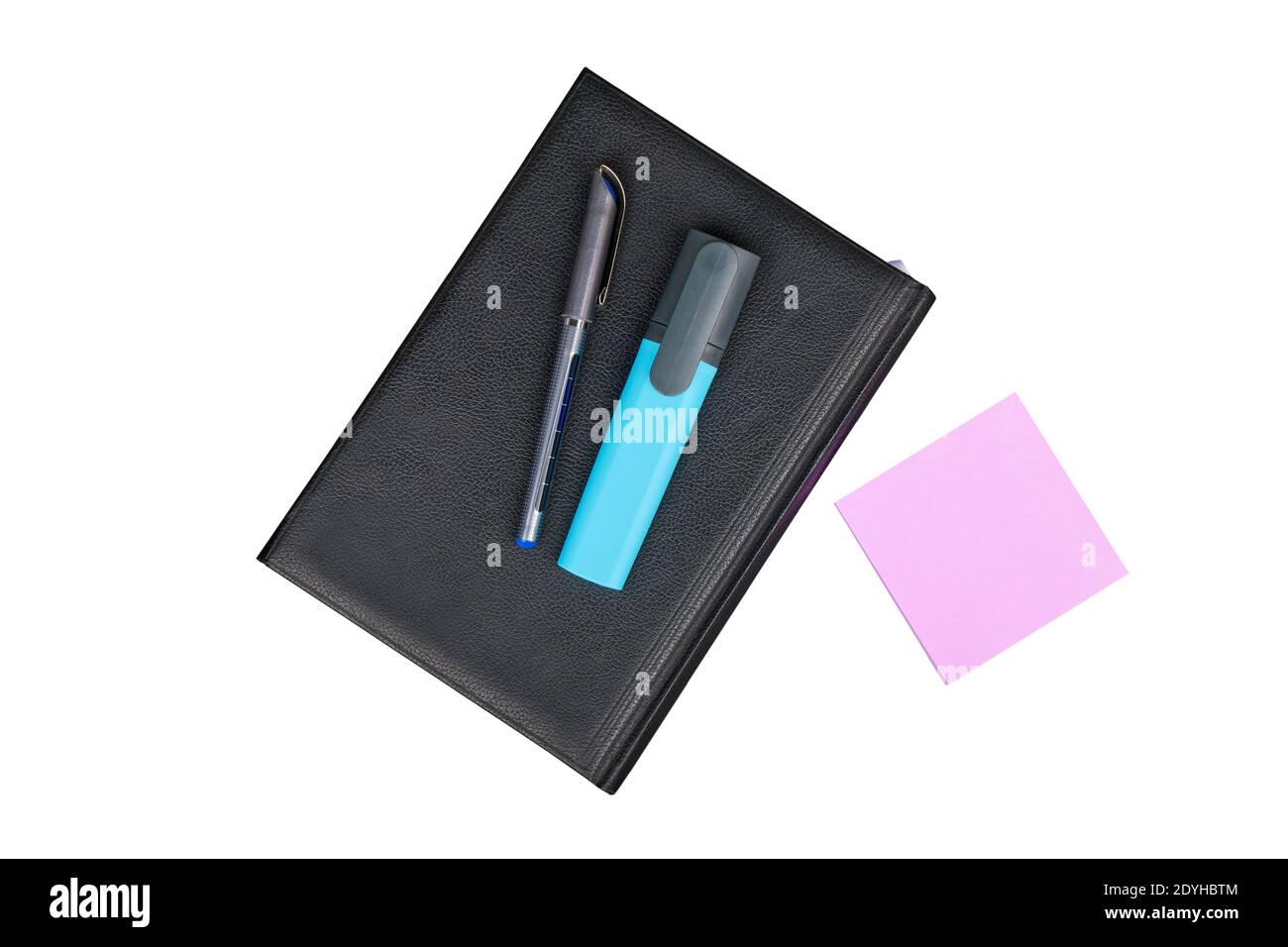 Black leather notebook with a pen and marker, isolated on white ...