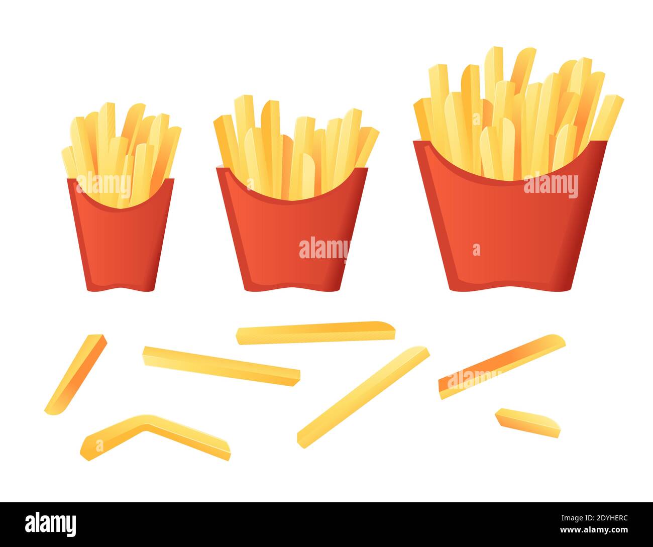 Savory french fries in different size red paper boxes fast food meal ...