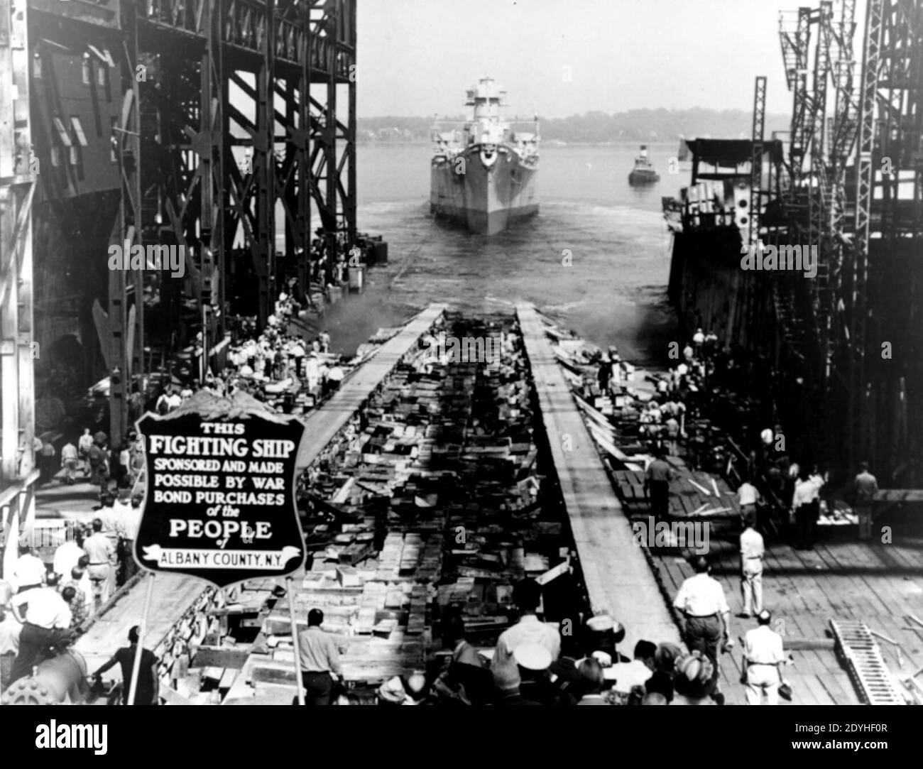 Launch of USS Albany (CA-123) at the Fore River Shipyard, Quincy ...