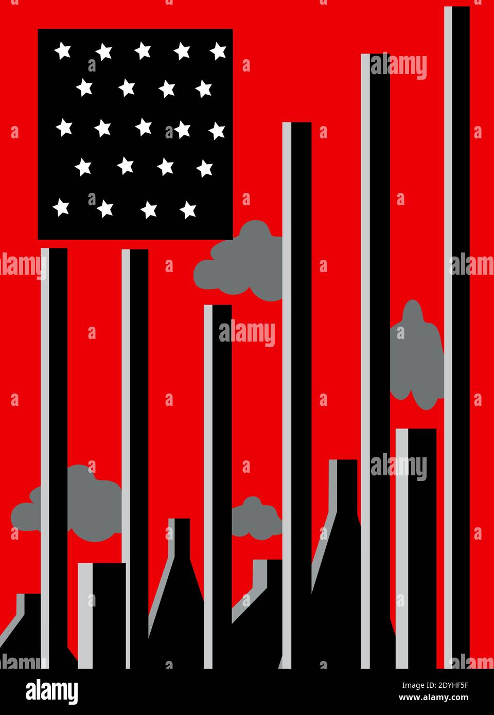 illustration of the american flag and various factories at the bottom ...