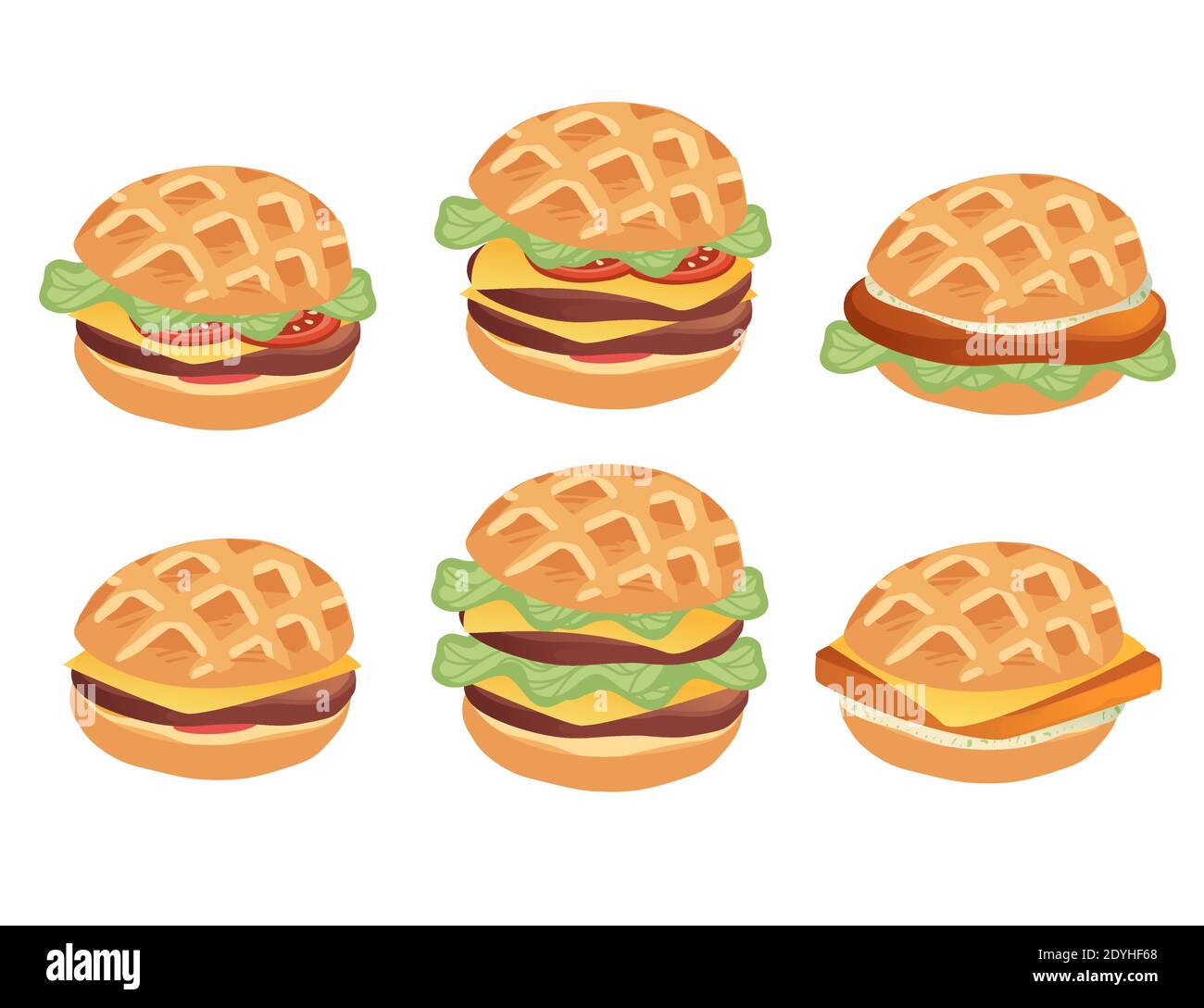 Set of burgers with different ingredients and sizes takeaway fast food ...