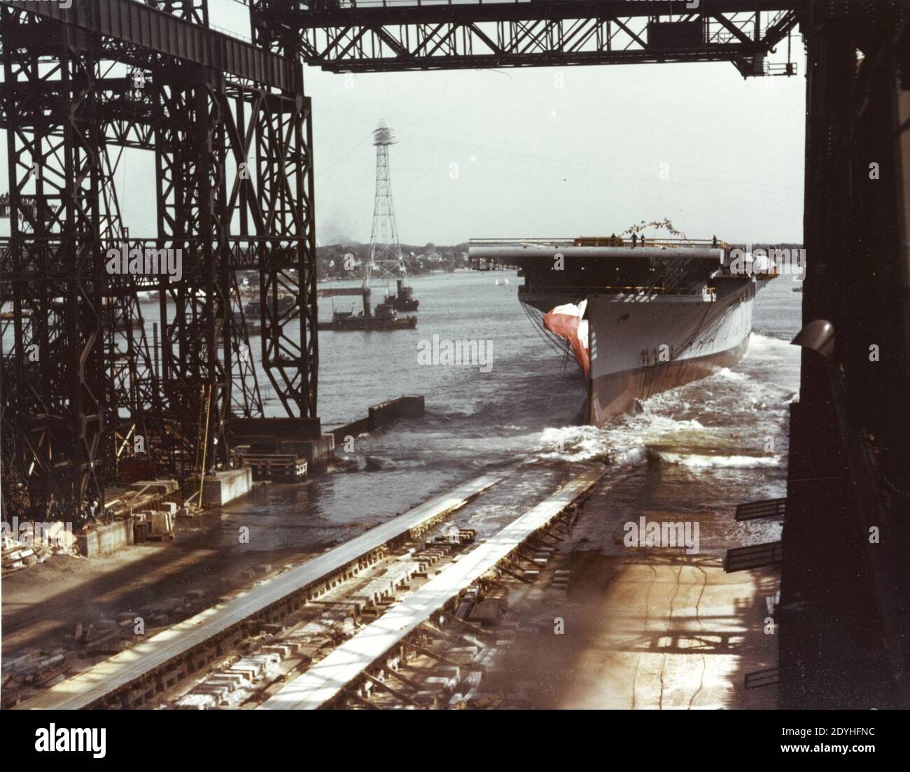 Launch of USS Lexington (CV-16) at the Fore River Shipyard on 26 ...