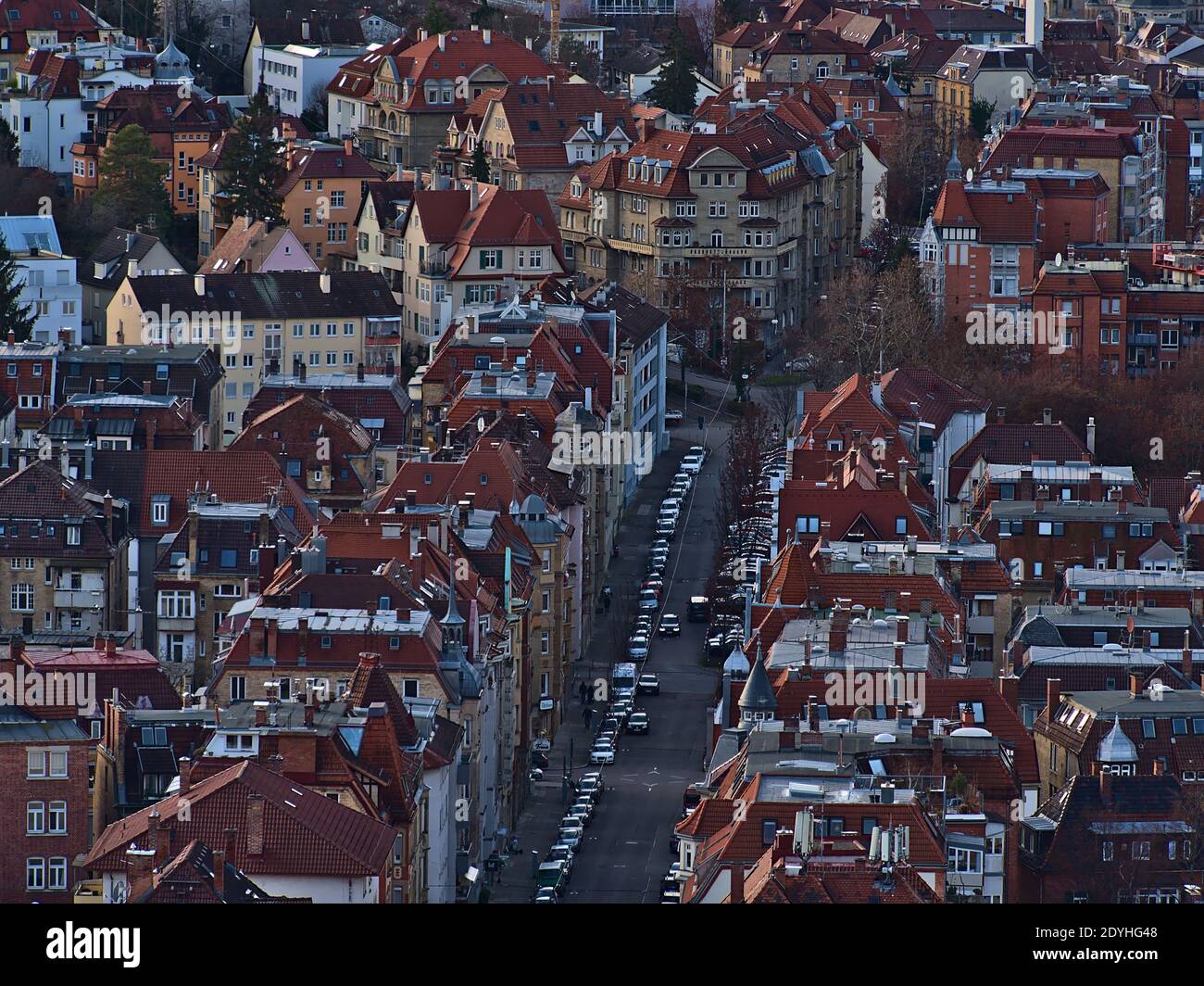 Aerial view of city street in the densely populated southern part of ...