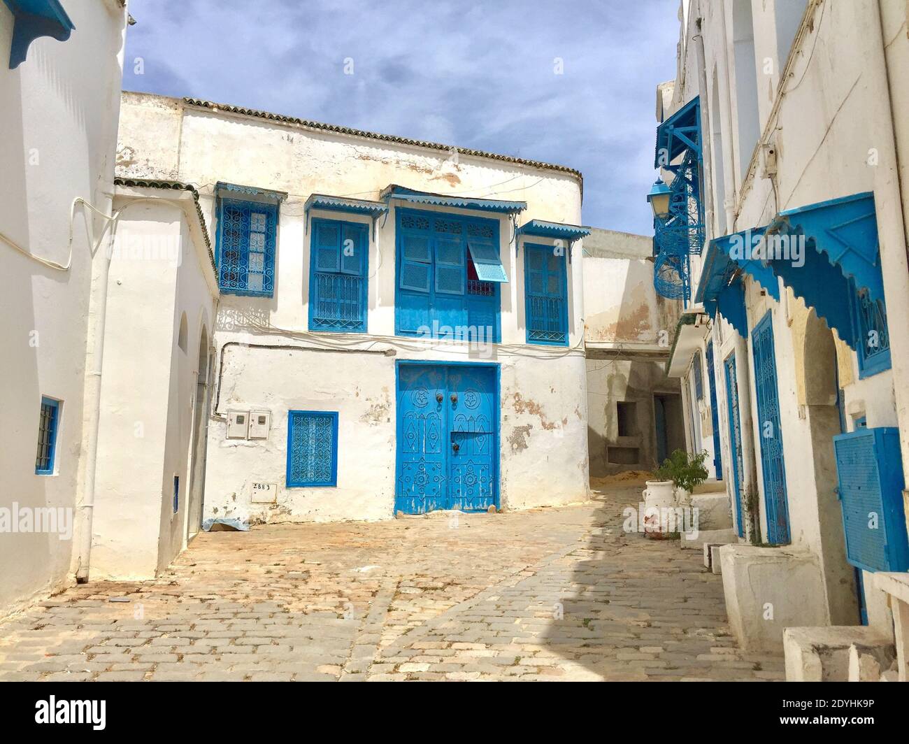 A shot of blue-and-white buildings in Sidi Bou Said, scenic Tunisia ...