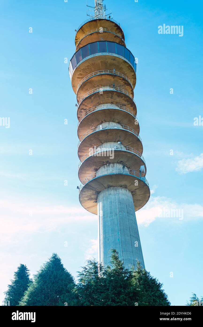 A low angle shot of an observation tower of an unusual shape Stock ...
