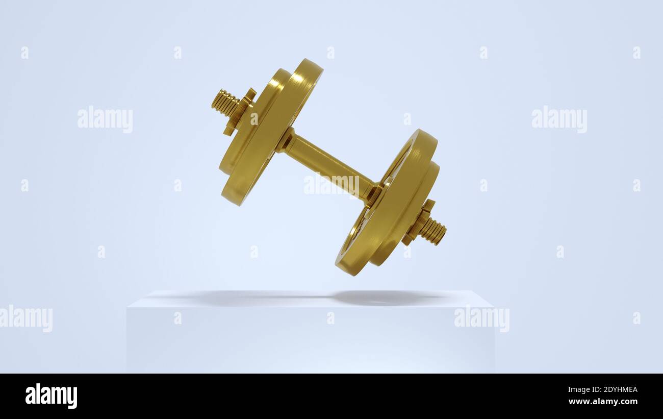 A realistic golden dumb bell isolated on white podium (series). 3d ...