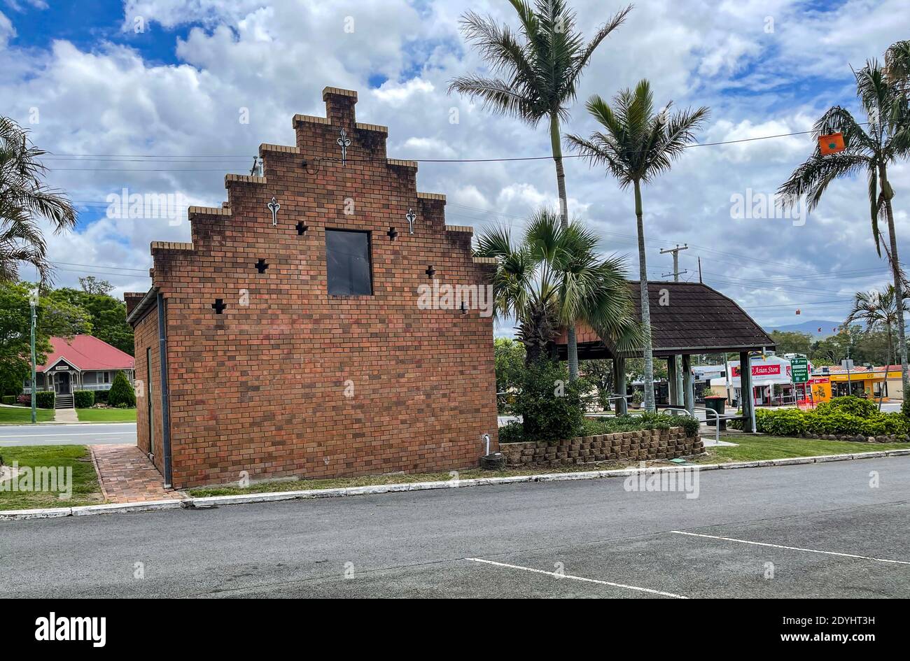 View of the historical coach stop and restrooms in the main street of ...