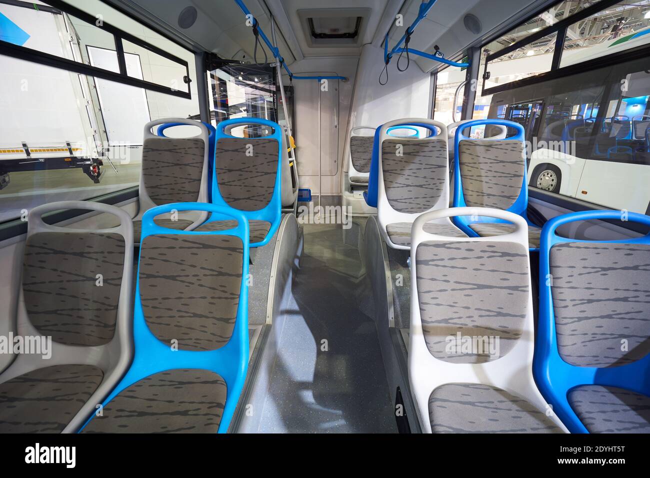 Interior of modern bus with passenger seats Stock Photo - Alamy