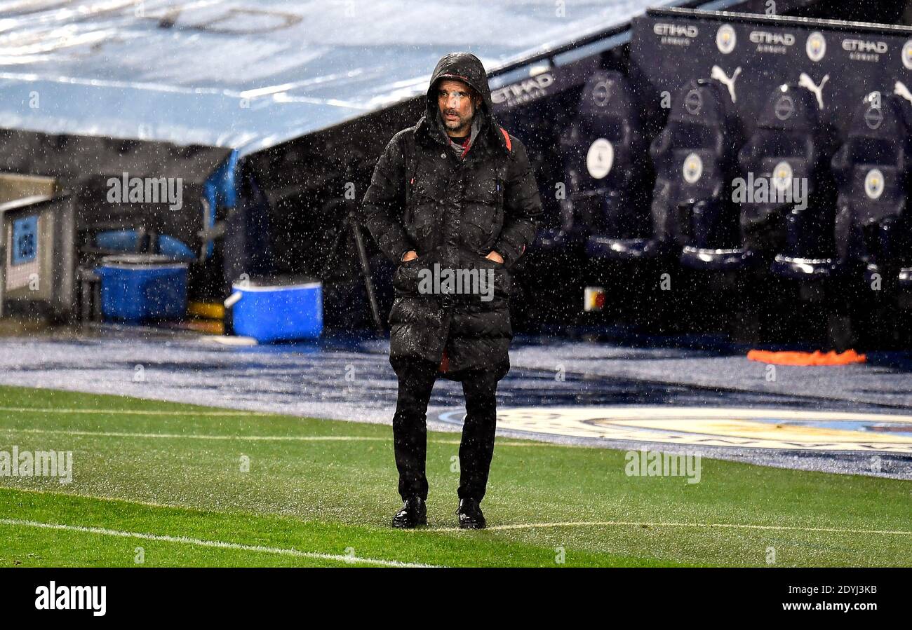 Manchester City manager Pep Guardiola on the touchline during the ...