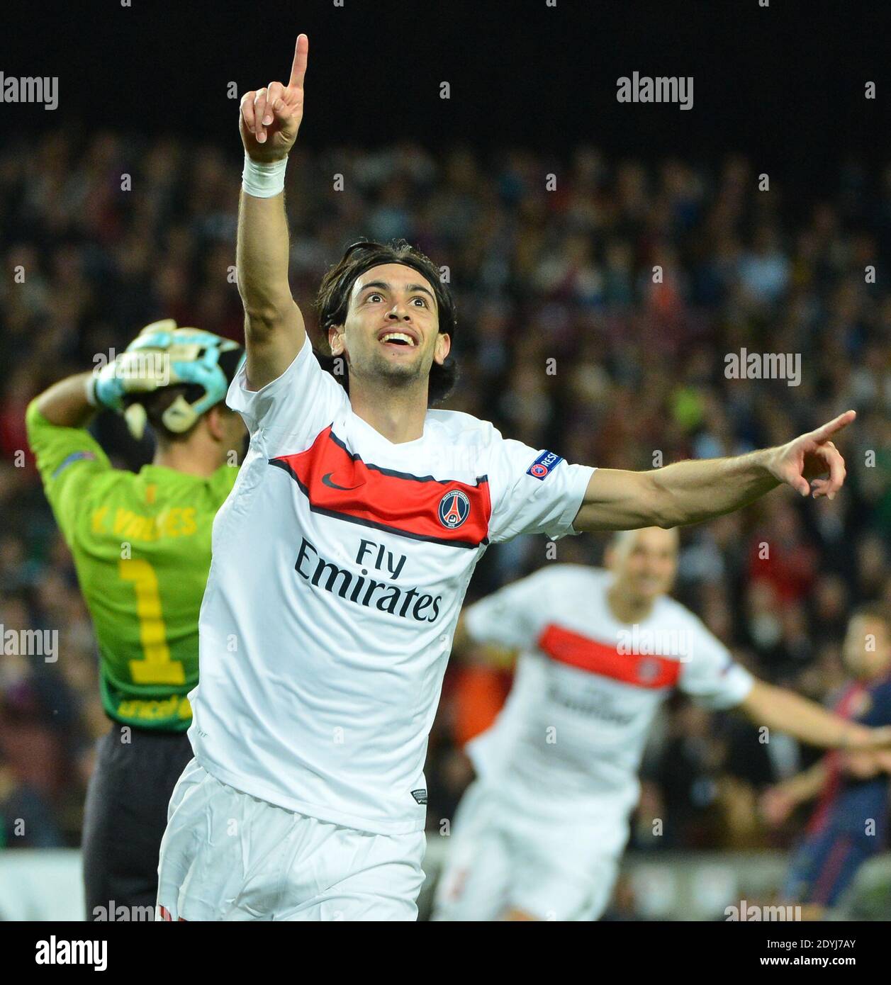 PSG's Javier Pastore celebrates after scoring the first goal during the ...