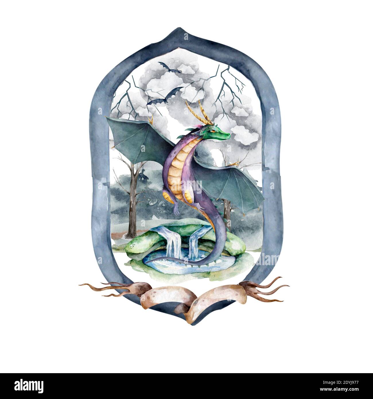 Fairytale Dragon Frame Isolated Childish Style Simple Drawing In Bright ...