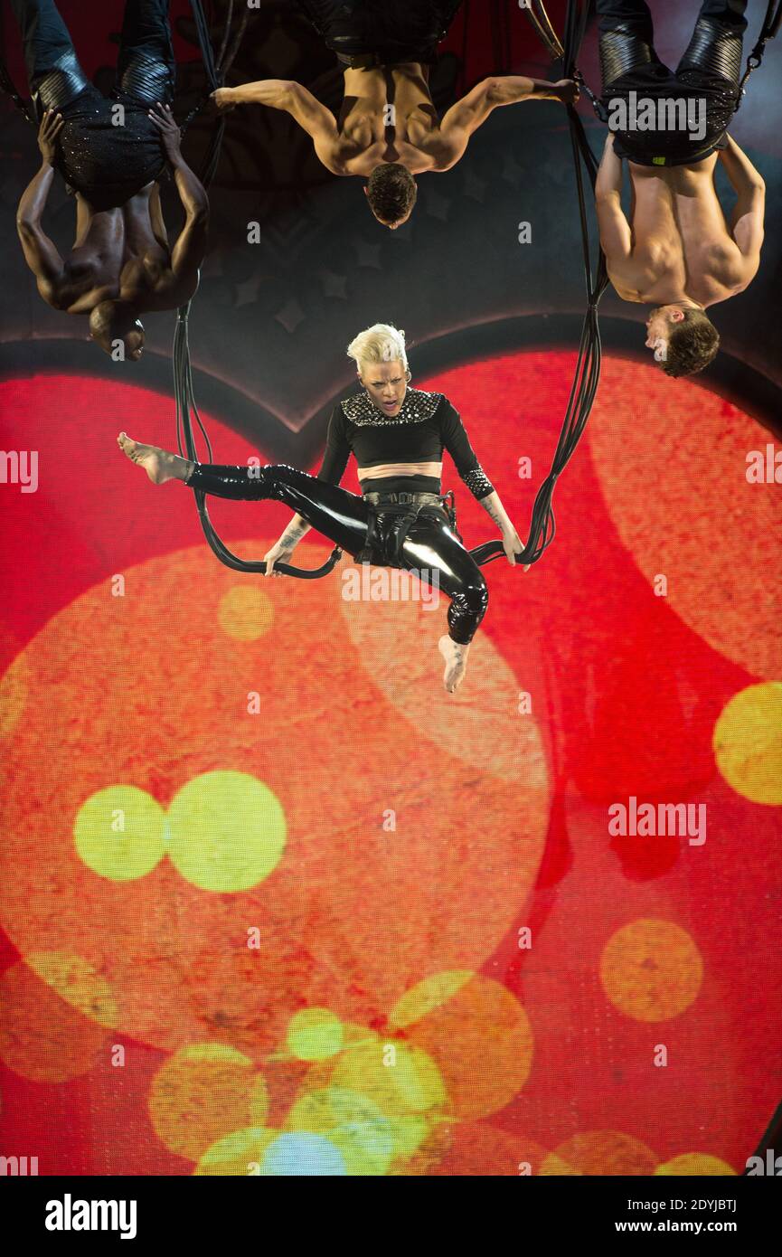 Pink performs live on stage with her band at Paris Bercy concert hall ...